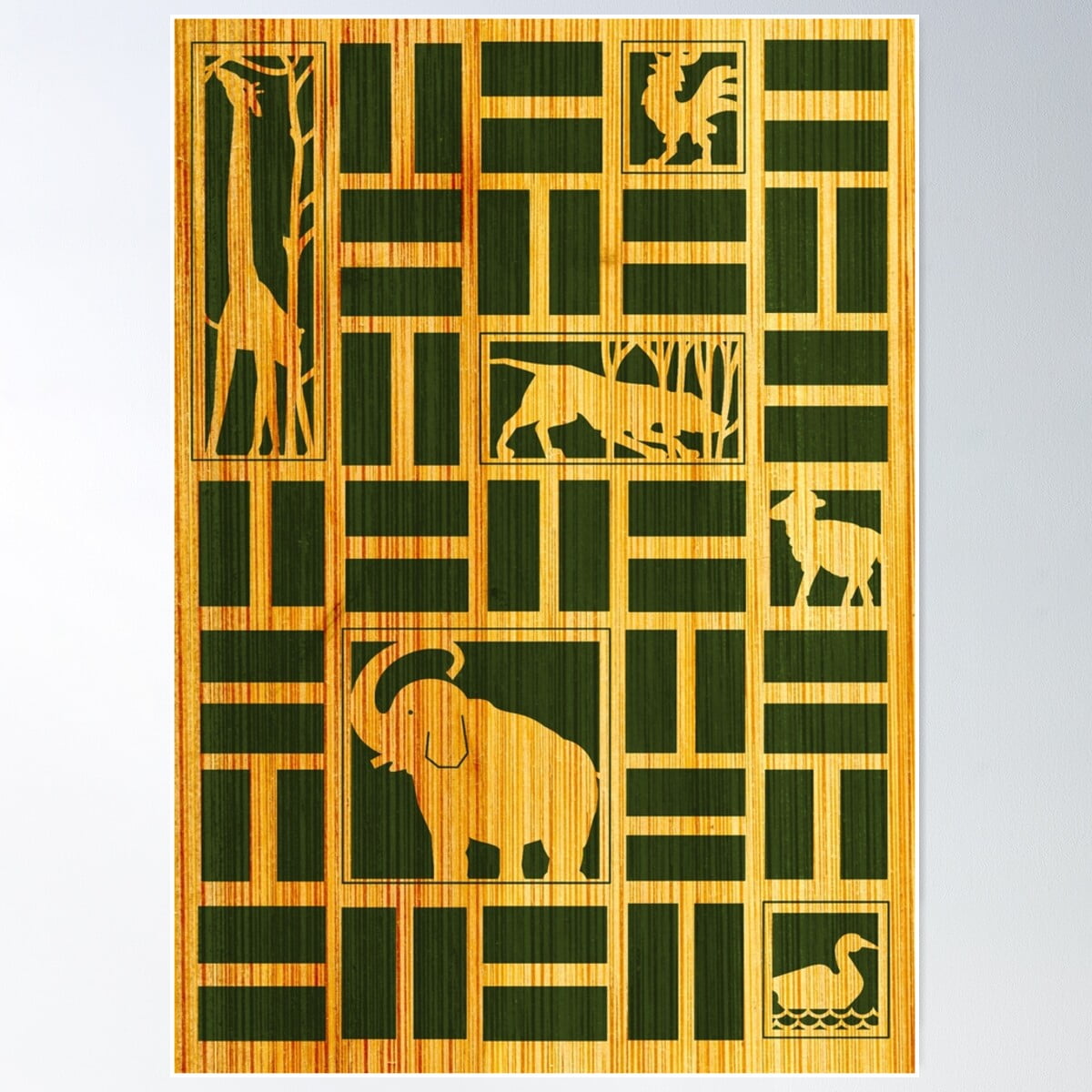 Animals Wooden Stencil Fretwork Matrix (Yellow, Green) Kids Poster Wall ...
