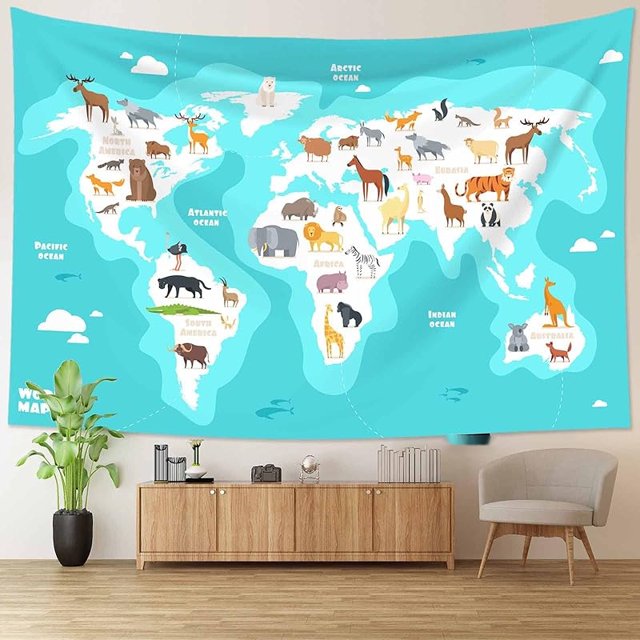 Animals World Map Tapestries Large Size Cartoon Blue Earth Discovery ...