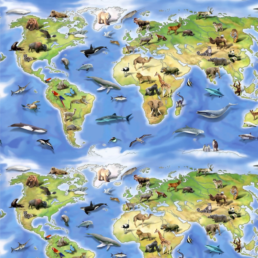 Animals of the World Continents Atlas Globe Pattern Premium Roll Gift ...
