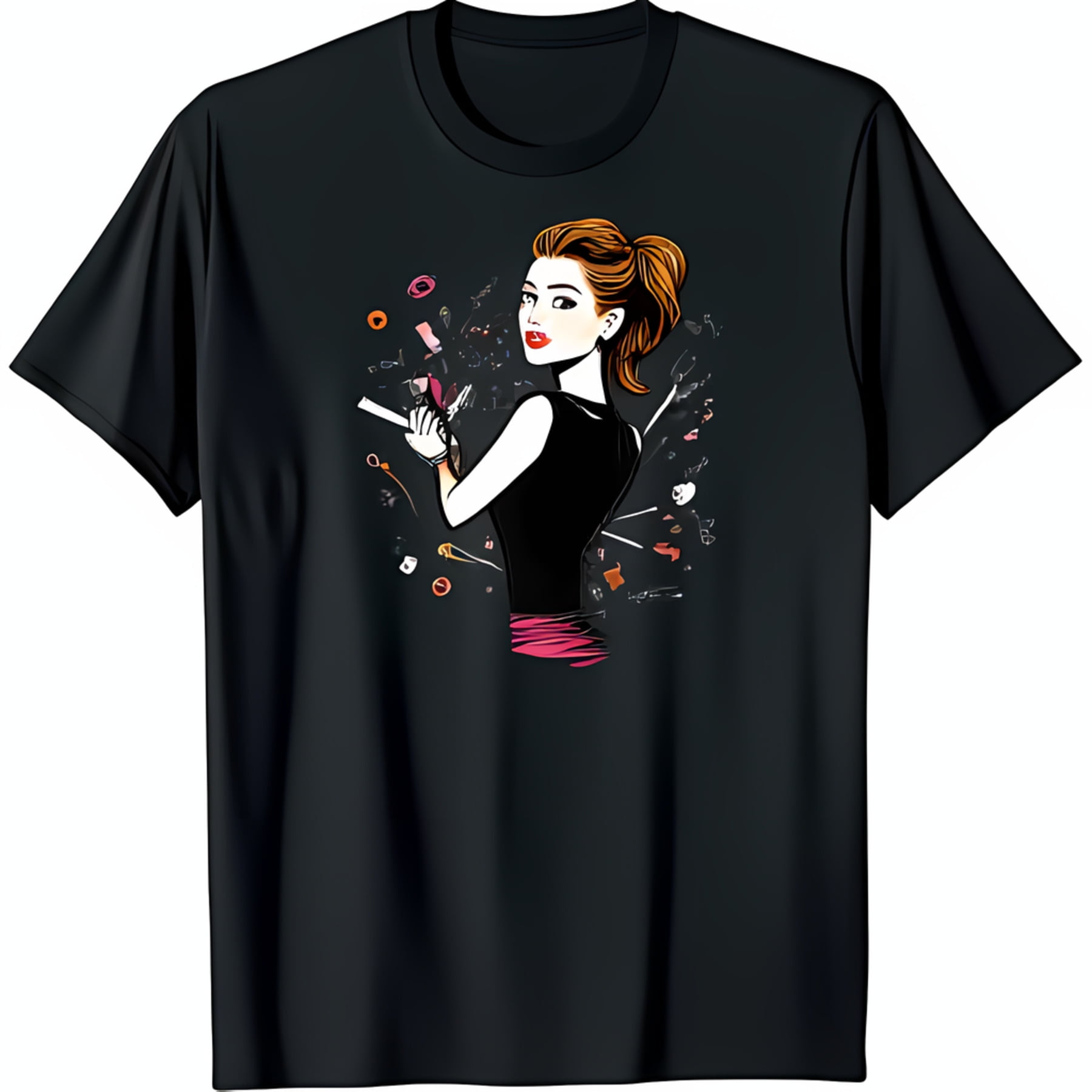 Animated Black T-Shirt with Red Haired Woman in Dress & Hairdressing ...
