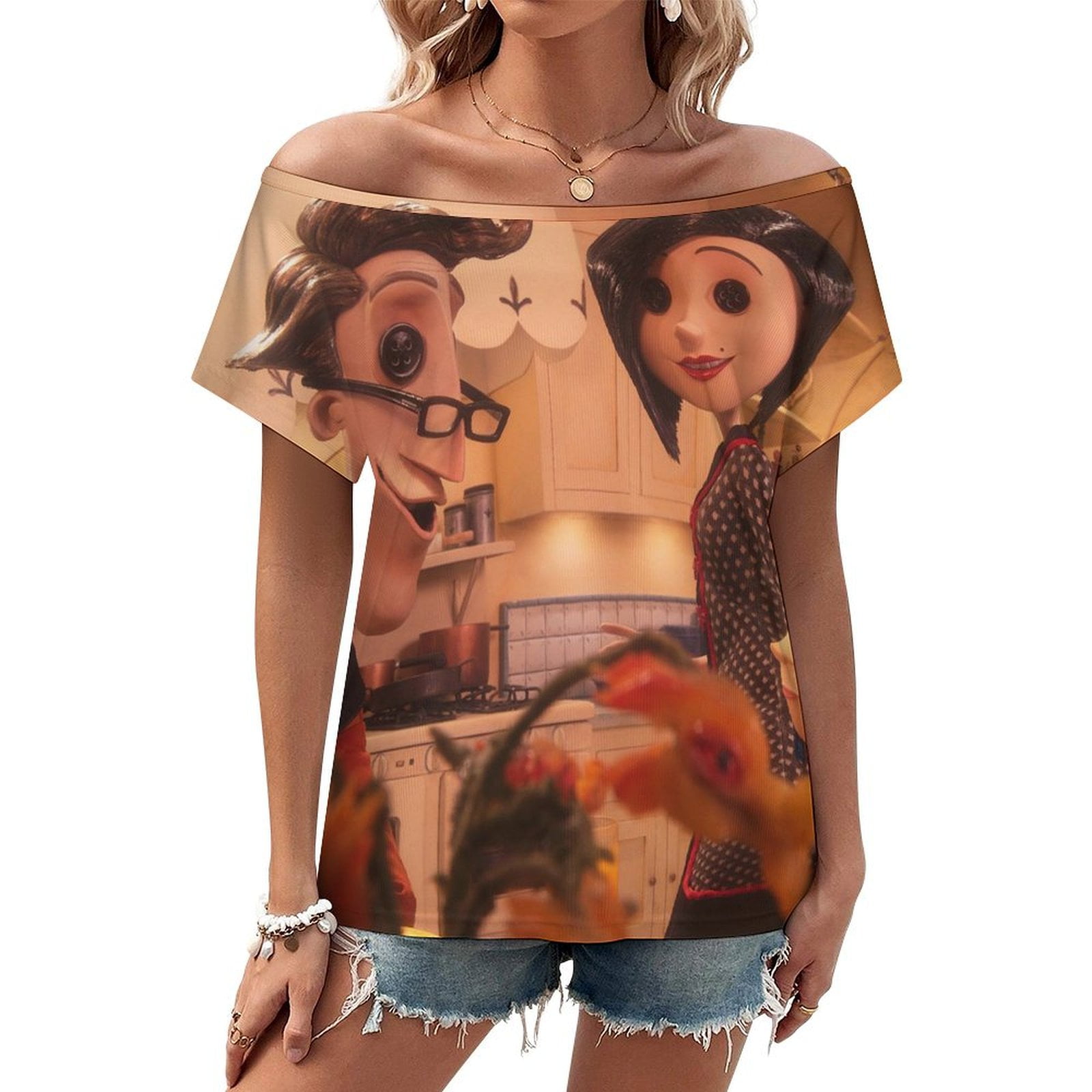 Animated Family Coraline Women's T Shirt Short Sleeve Off Shoulder Tee ...