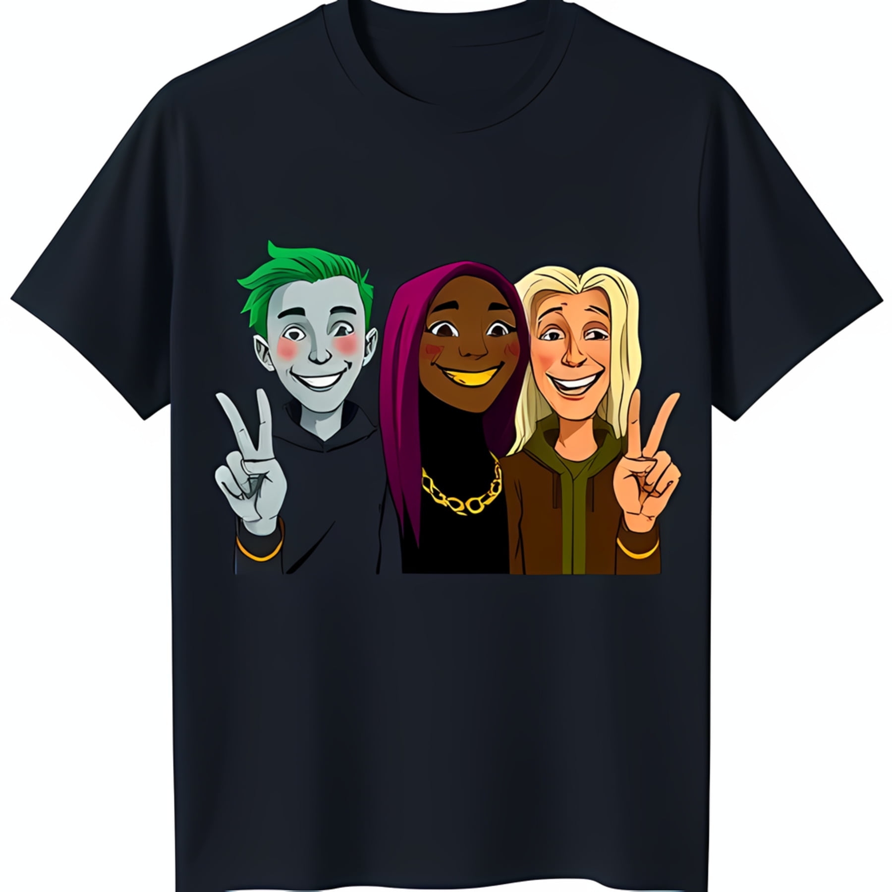 Animated Friends T-Shirt Green and Characters with Peace Signs Fun ...