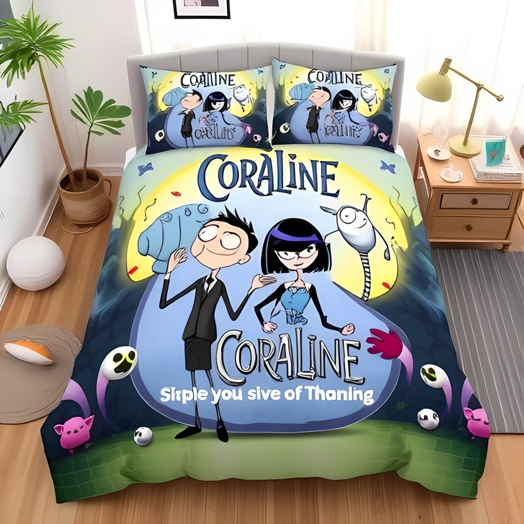 Animated Full Bedspread Set Light Blue Bedding with Cartoon Characters ...