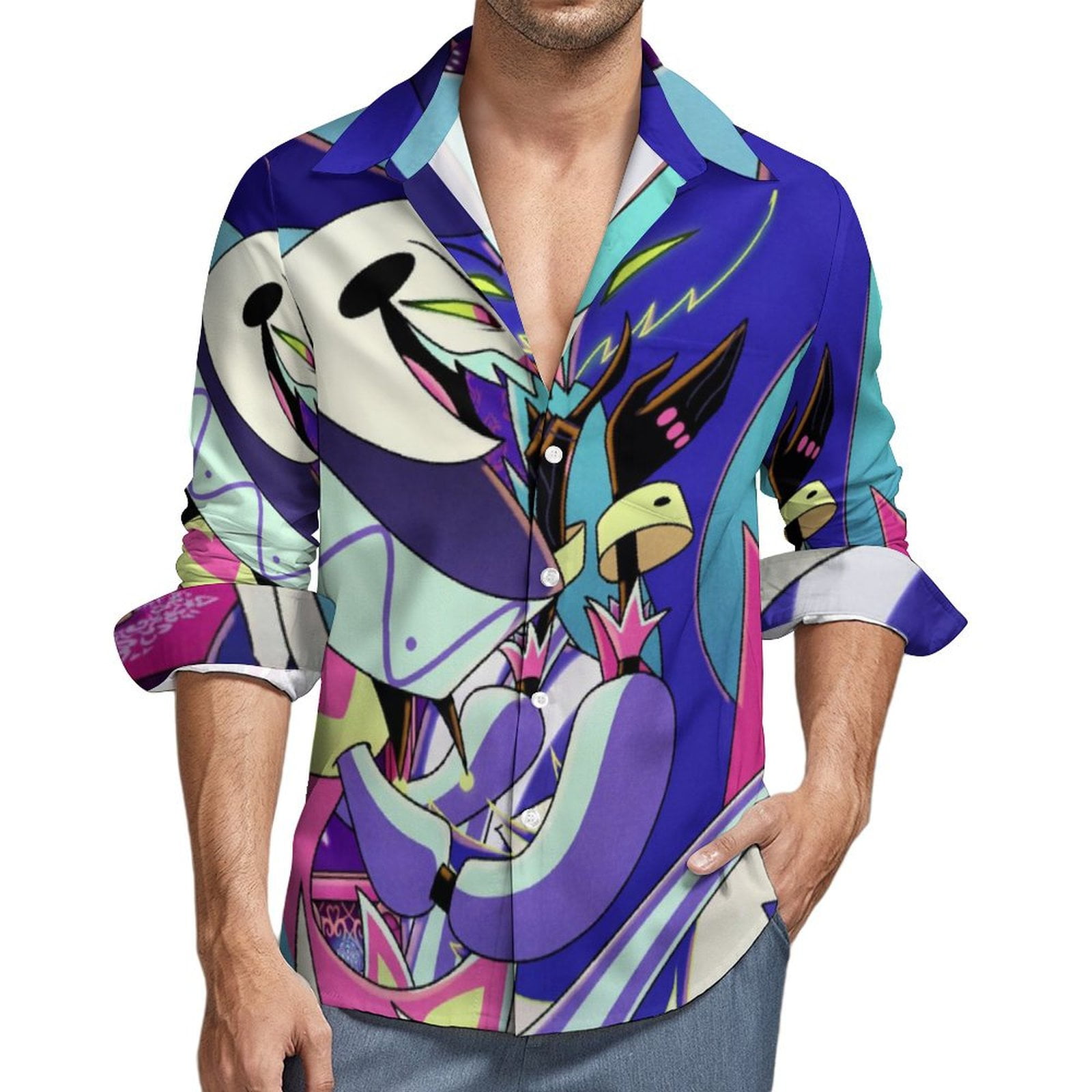Animated Helluva Boss Button Down Shirts For Mens Daily Casual Large ...