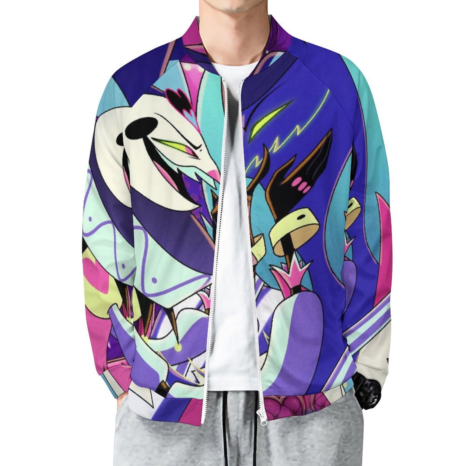 Animated Helluva Boss Men's Jacket Windbreaker Coat Round Neck Zipper ...