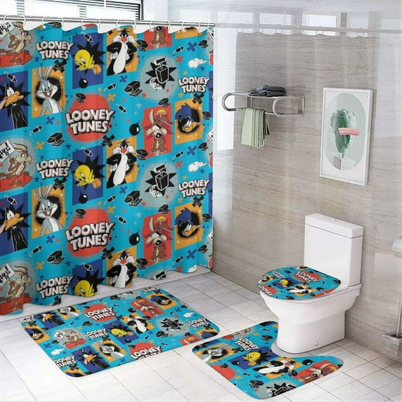 Animated Looney Tunes Shower Curtain Set 4 Pieces Non-Slip Rug Bath Mat ...