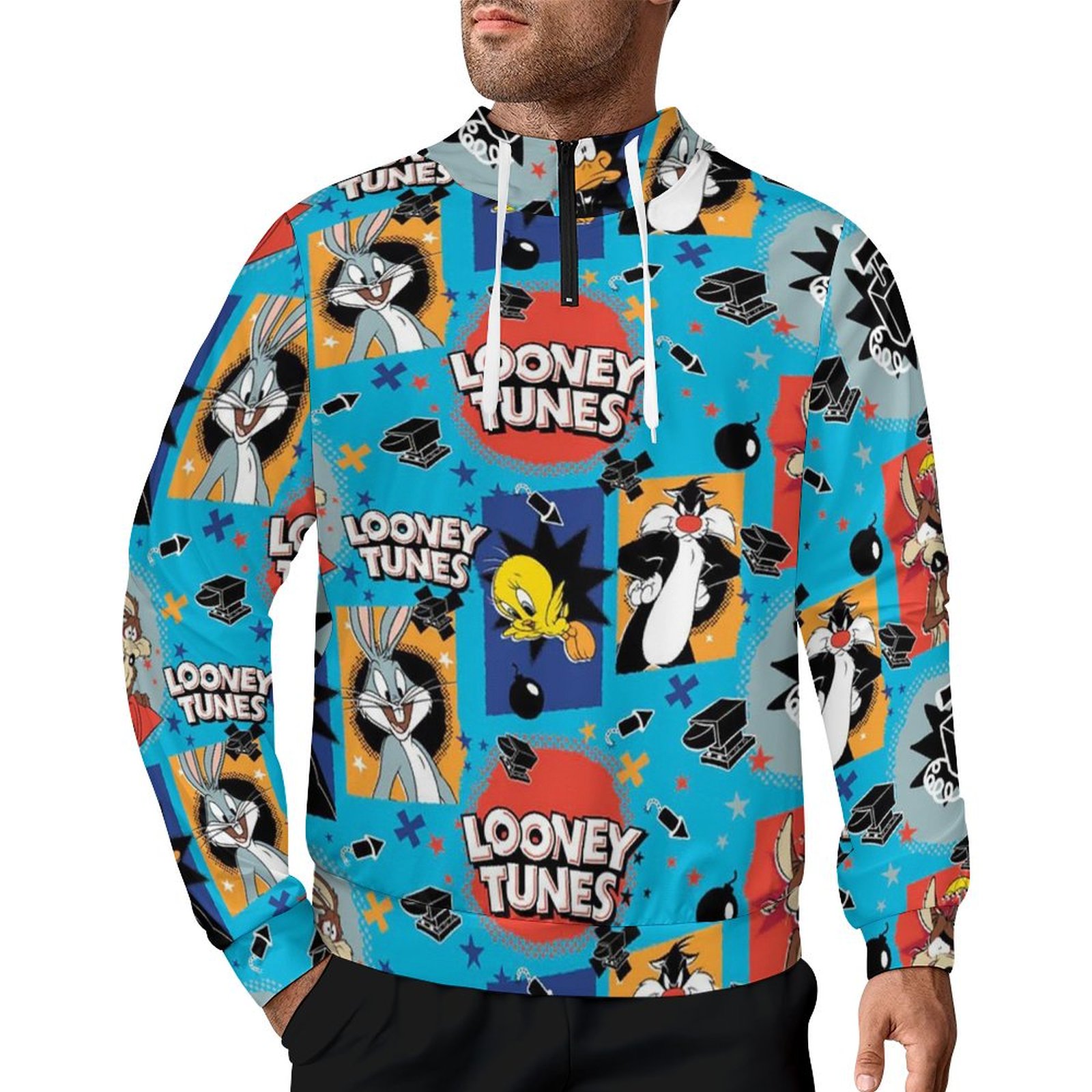 Animated Looney Tunes Zipper Pullover Sweatshirt Hoodies High Neck ...