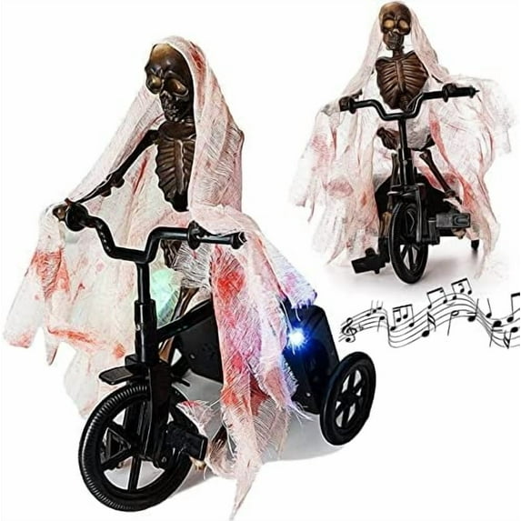 Animated Skeleton Riding Bike Prop – Moving Halloween Decoration with Lights and Spooky Sounds ...