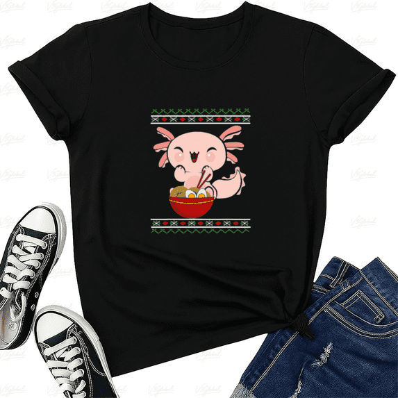 Anime Axolotl Ramen Ugly Holiday Sweater Kawaii Festive Unisex T-Shirt ...