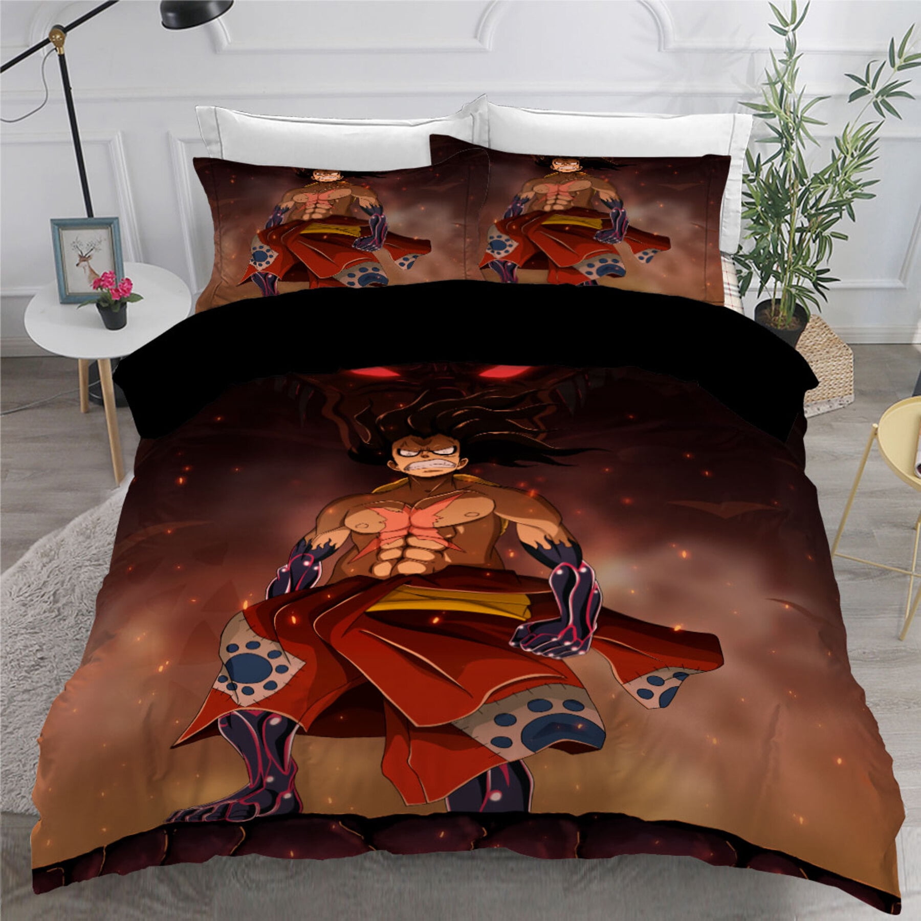 Anime Bedding Set Fierce Character Design with Swirling Inferno Duvet ...