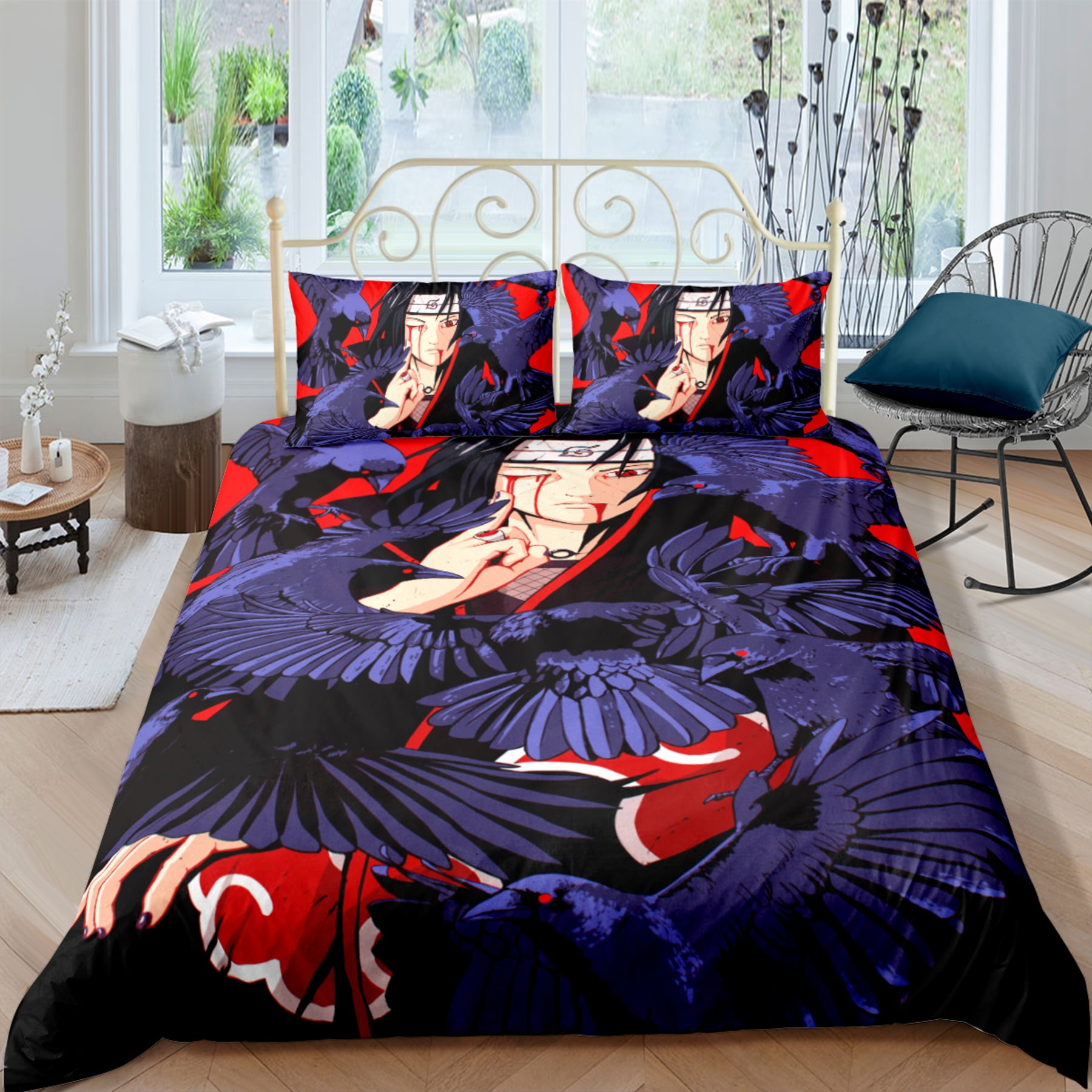 Anime Bedding Set with Crimson Tears & Ravens - Dark Dramatic Duvet ...