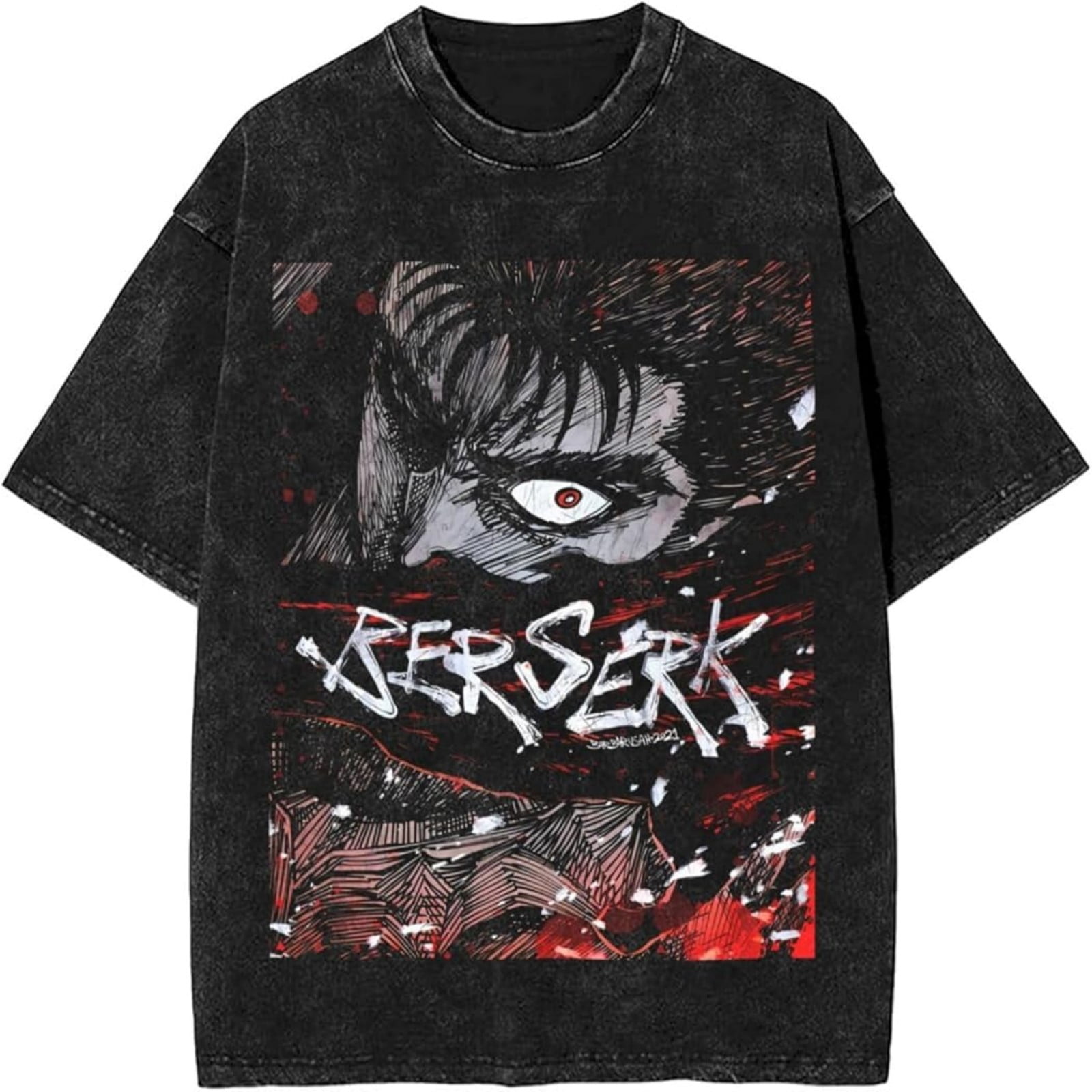 Anime Berserk Shirt Vintage Casual Washed Crewneck Short Sleeve ...