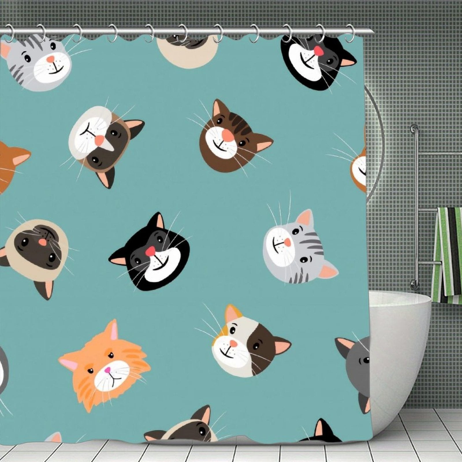 Anime Cat Head Pattern Pattern Park Shower Curtain，Washable Waterproof ...