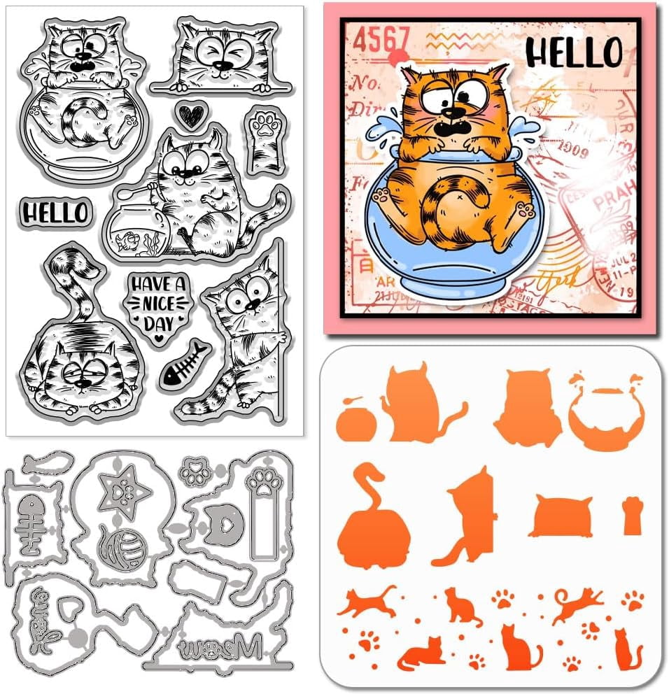 Anime Cats Clear Stamps Cutting Dies PET Painting Stencils for Card ...