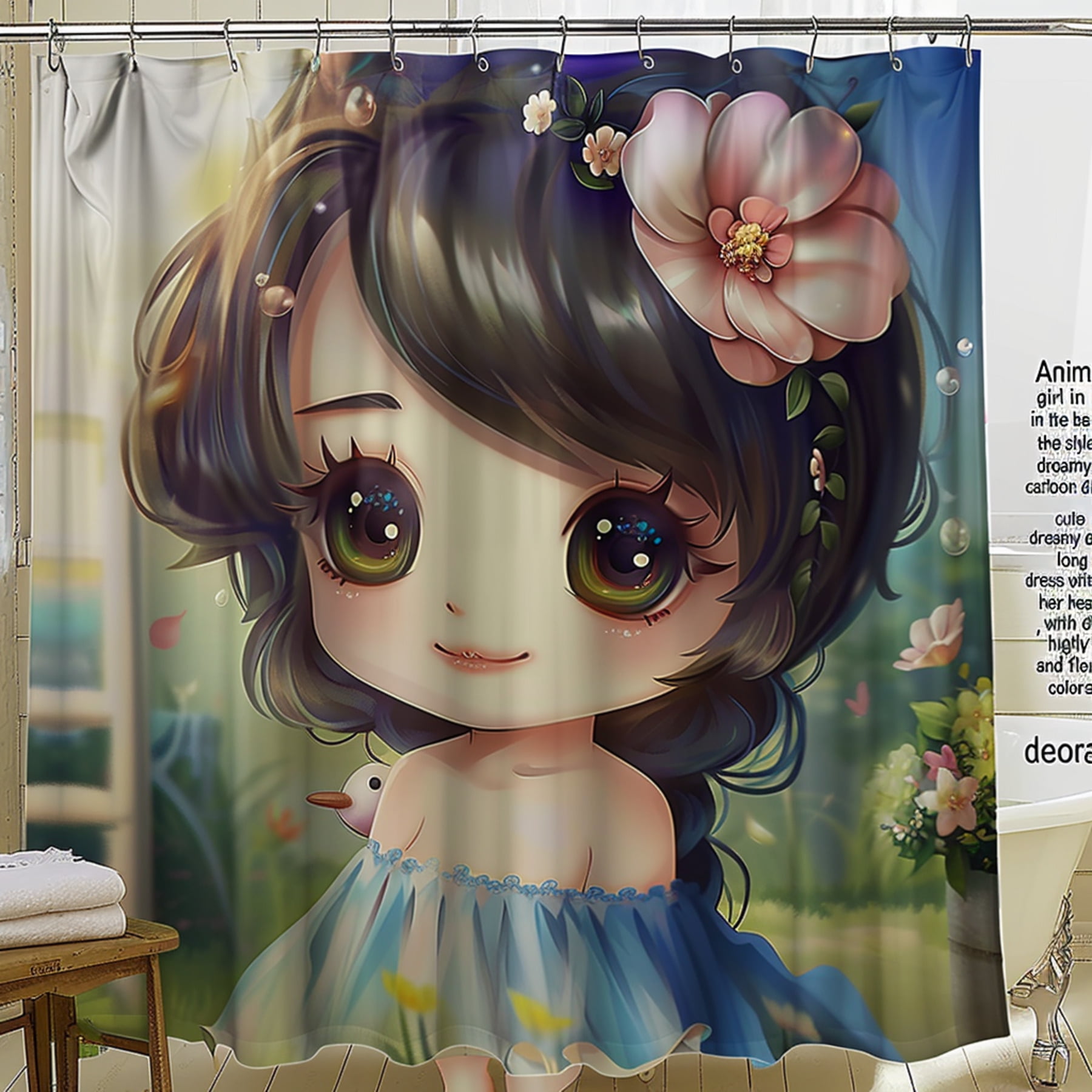 Anime Chibi Girl in Dreamy Bathroom Cute Blue Dress Flowers Bird Pastel ...