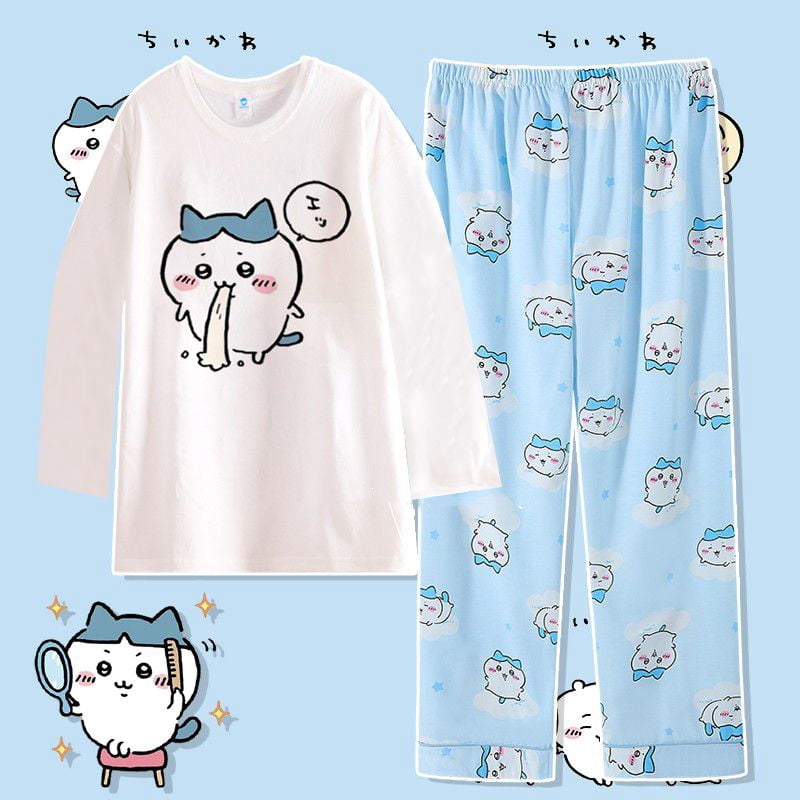 Anime Chiikawa Women Pajama Set Cotton Loungewear Long Sleeve Round ...