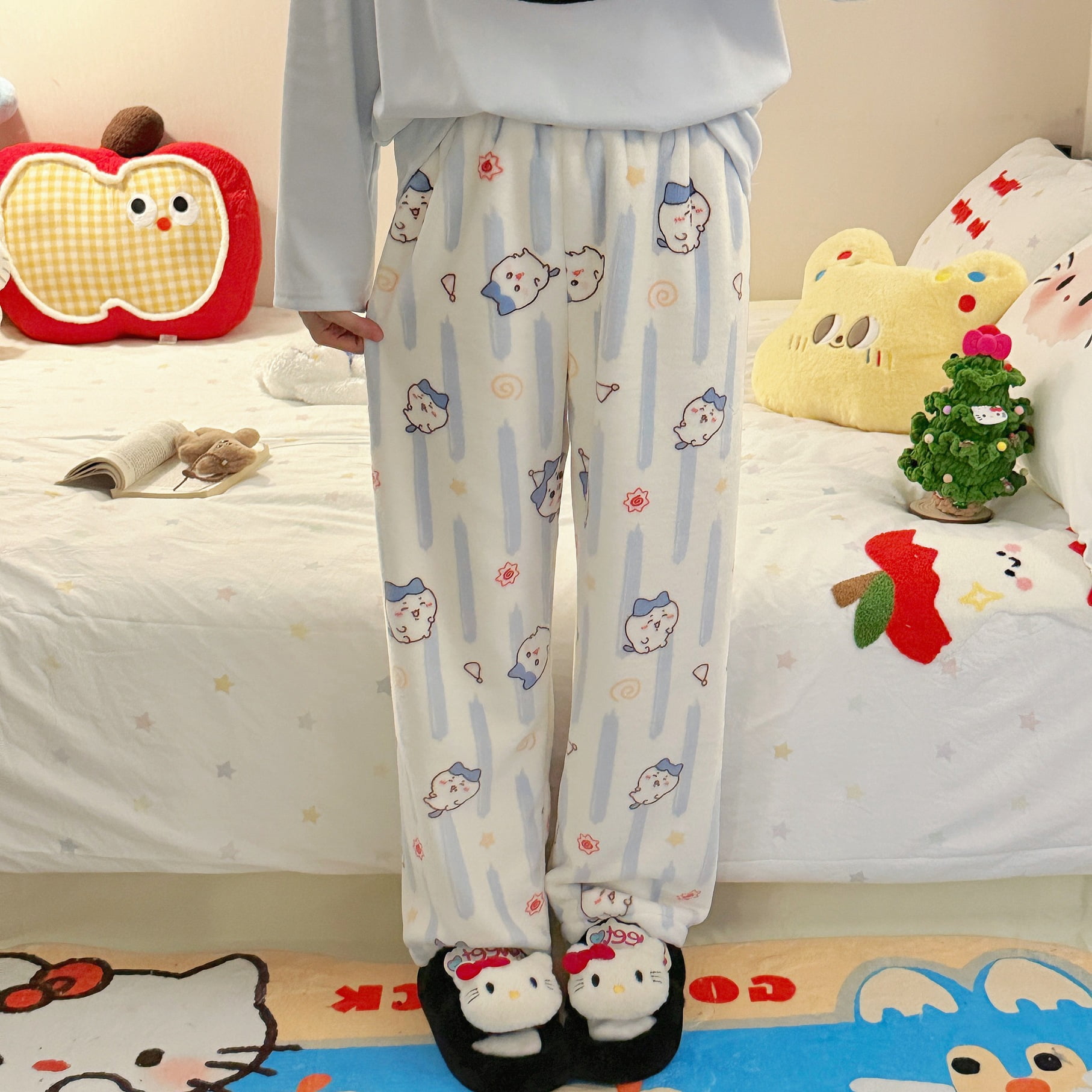 Anime Chiikawa Women's Plush Pajama Pants Winter Flannel Keep Warm ...