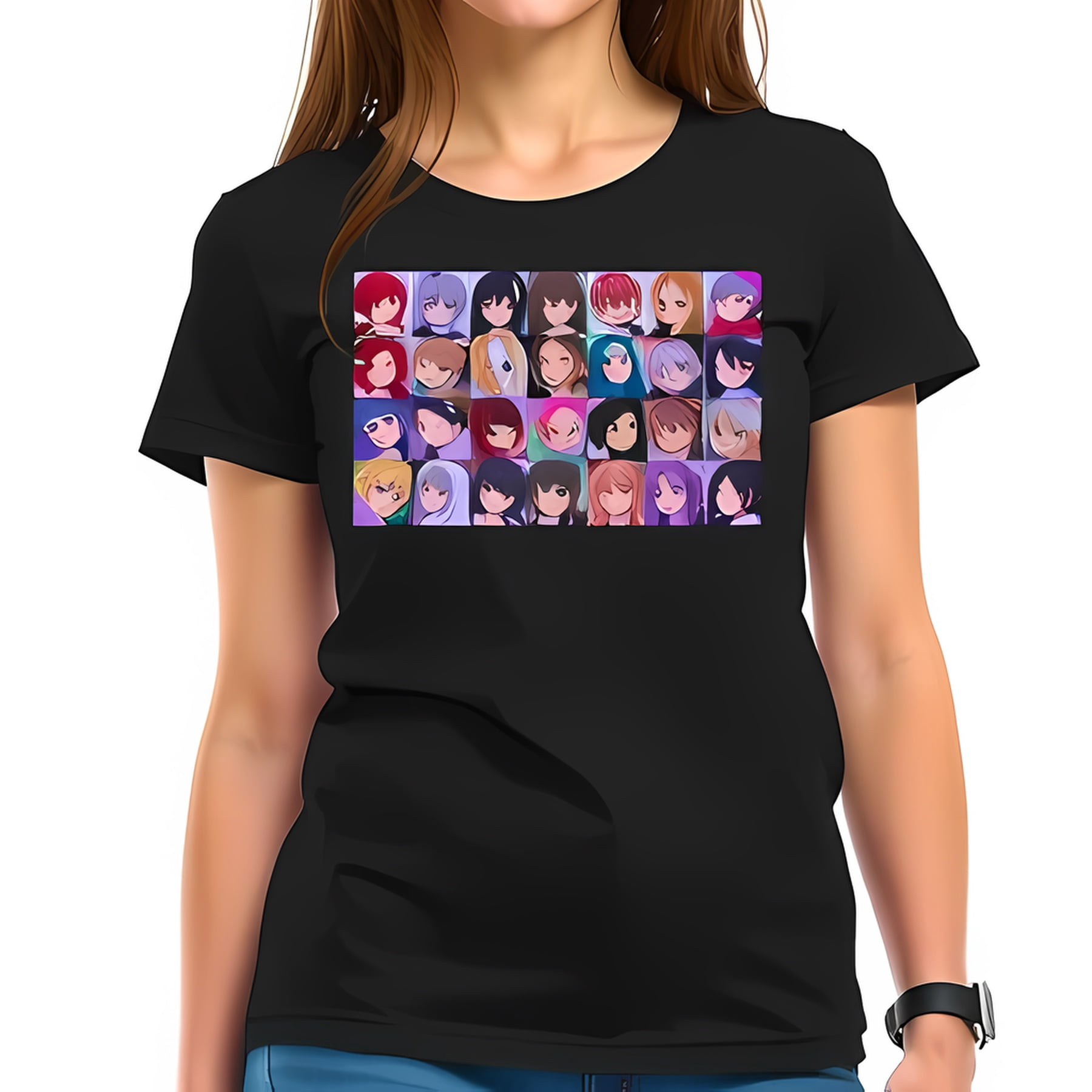 Anime Collage T-Shirt for Women - Black Tee with 36 Unique Female ...