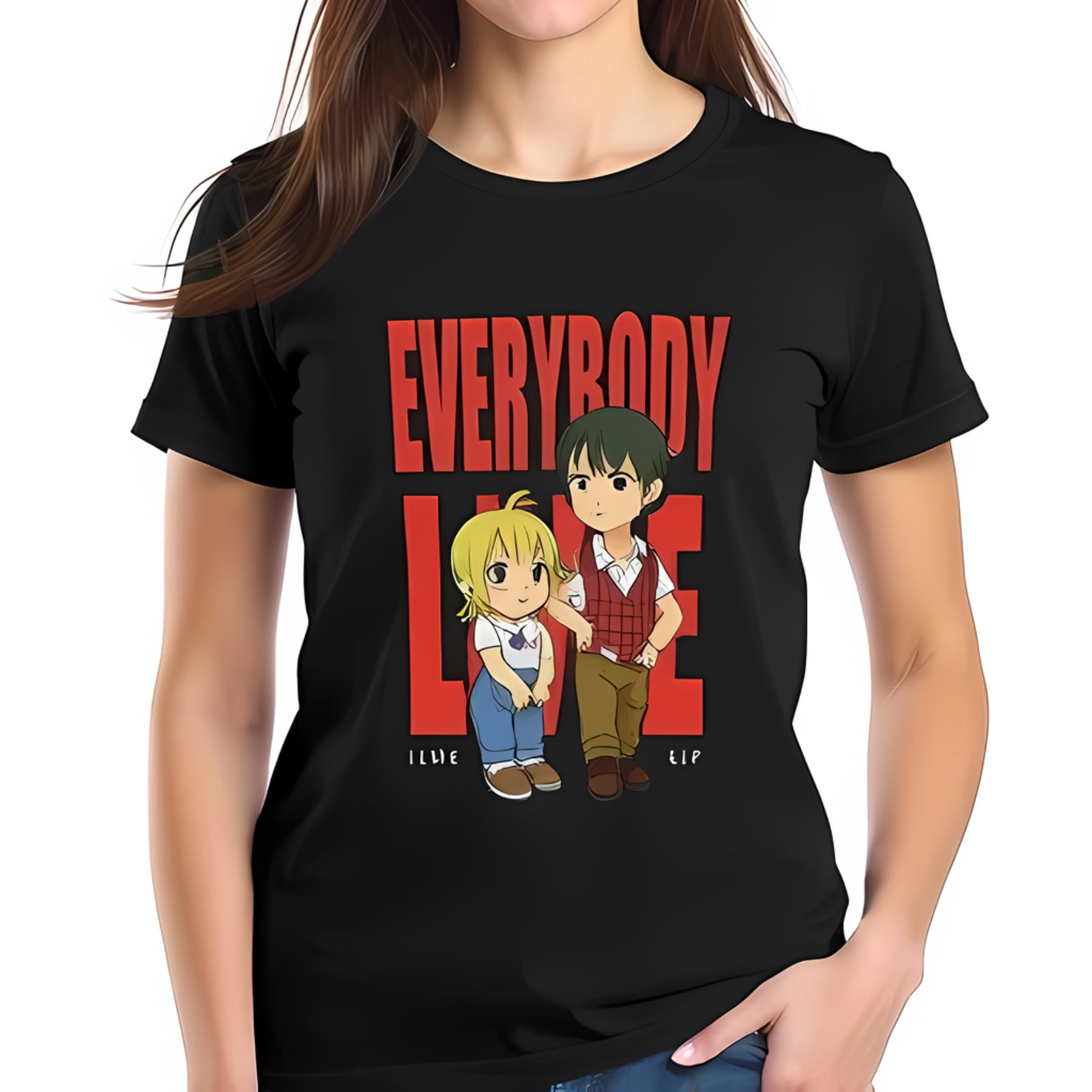 Anime Couple Chibi Graphic T-Shirt - Black Cotton Short Sleeve Tee with ...