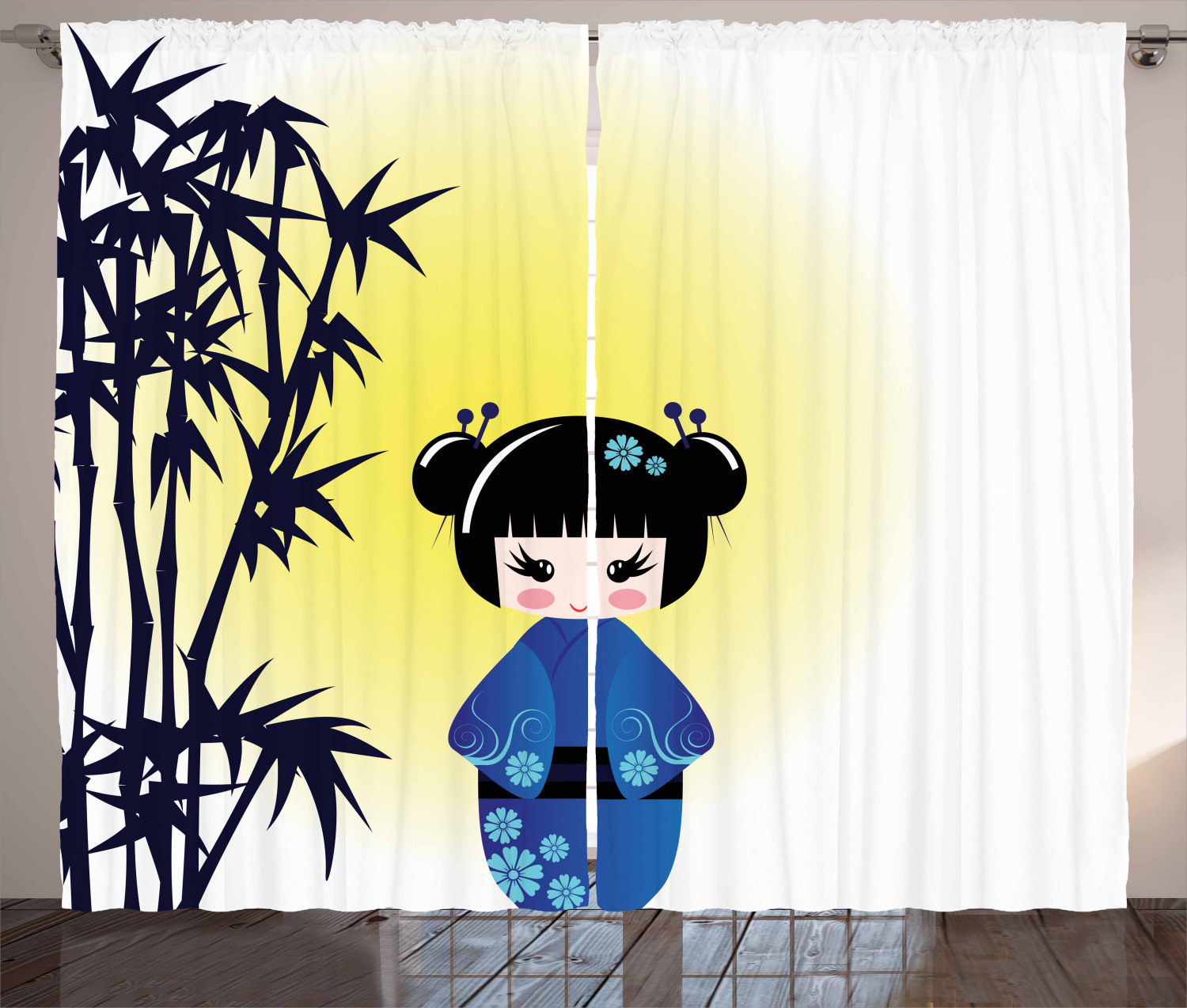 Ambesonne Anime Curtains 2 Panel Set, Kokeshi Doll and Tropic Tree, 108 ...