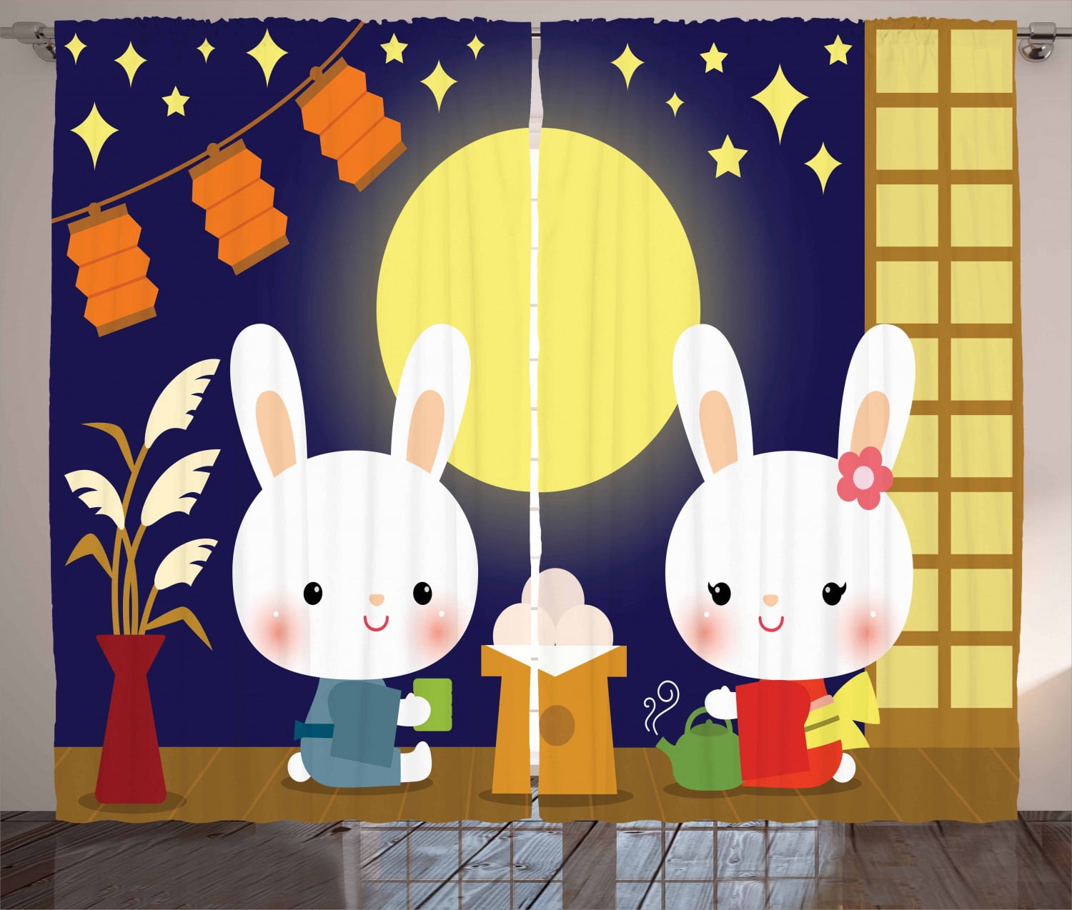 Ambesonne Anime Curtains 2 Panel Set, Tsukimi Festival Bunnies, 108" x ...