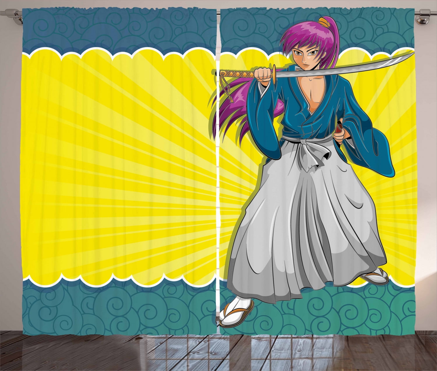 Ambesonne Anime Curtains 2 Panel Set, Manga Samurai Character Art, 108 ...