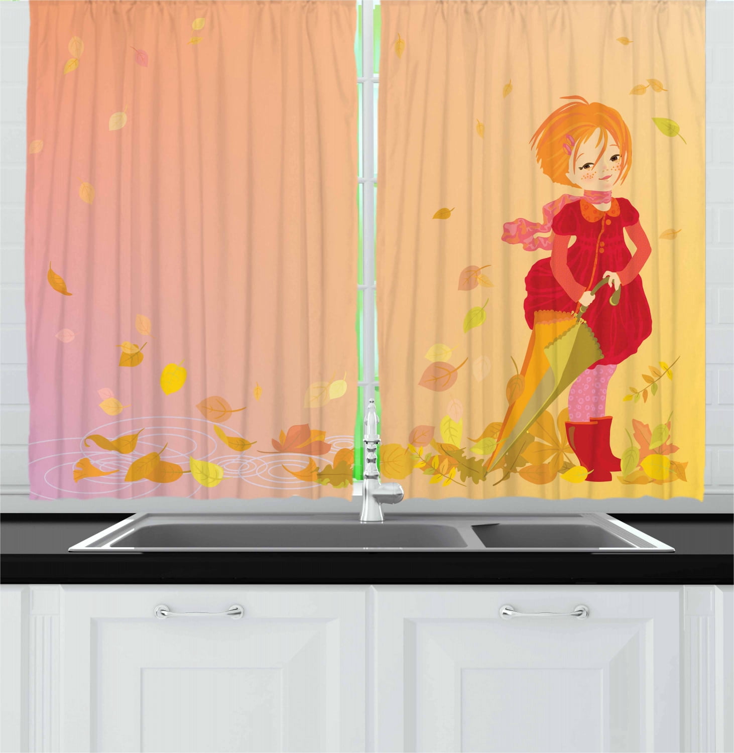 Anime Curtains 2 Panels Set, Smiling Little Girl Holding an Umbrella in ...