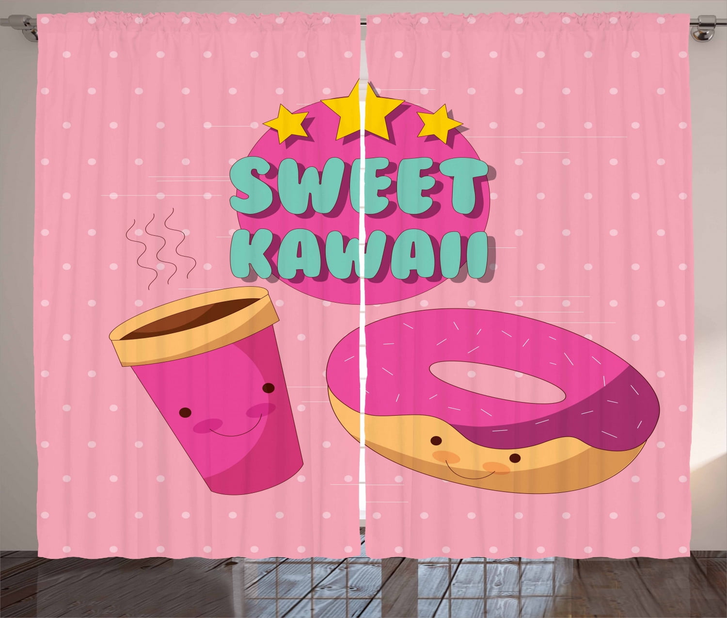 Ambesonne Anime Curtains 2 Panel Set, Kawaii Donut Coffee, 108" x 90 ...