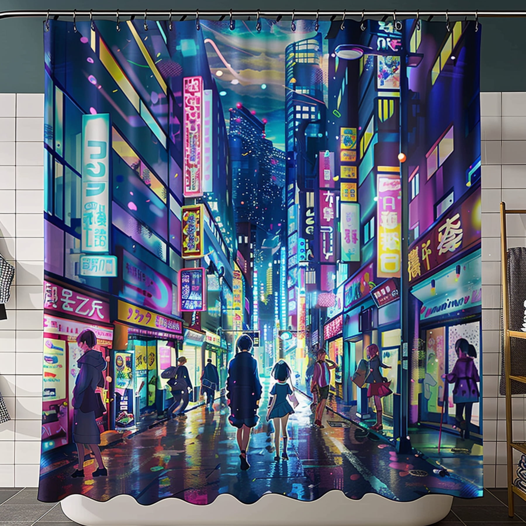 Anime Cyberpunk Cityscape Shower Curtain Vibrant Neon Signs & Urban ...