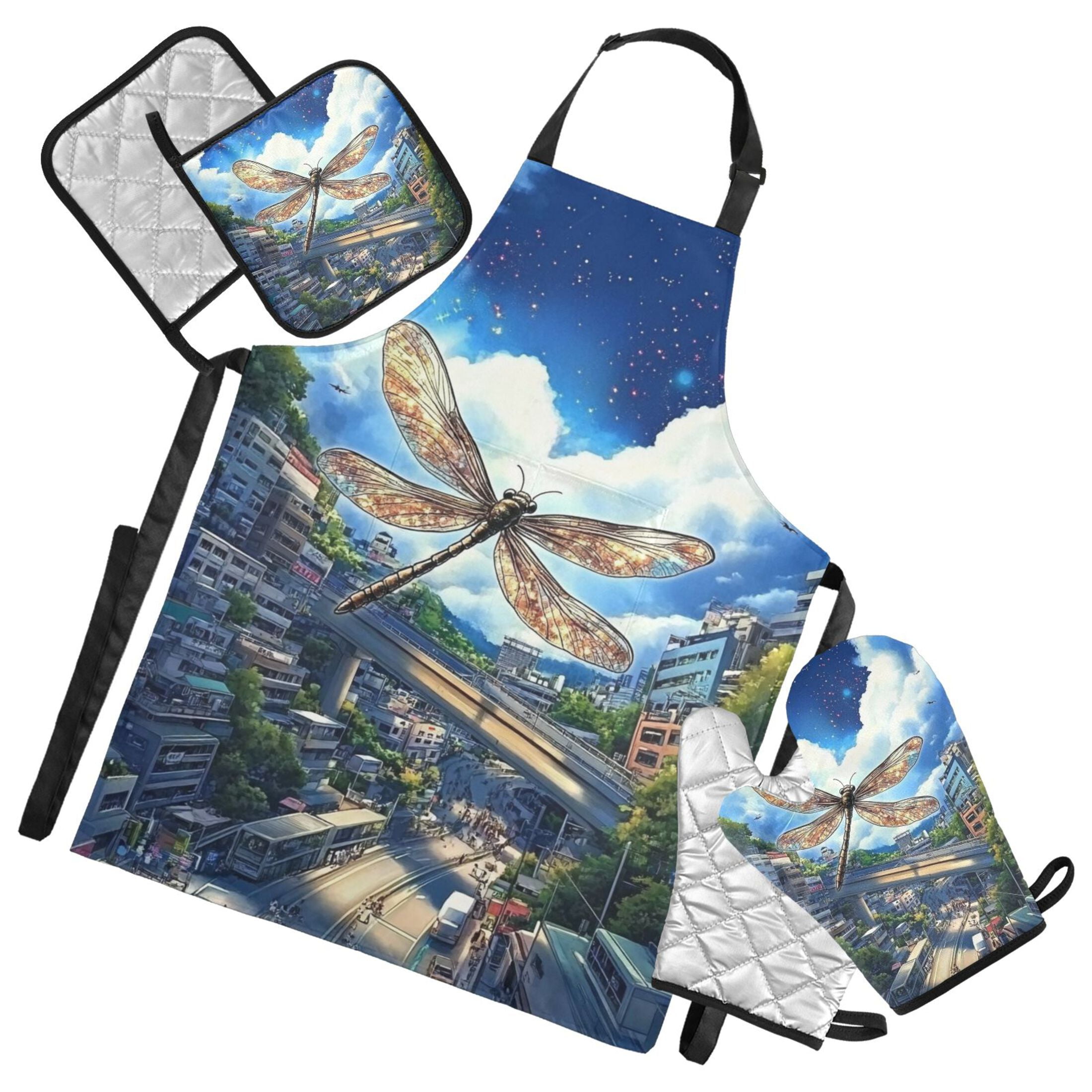Anime Dragonfly and City Oven Mitts and Pot Holders with Chef Apron Set ...