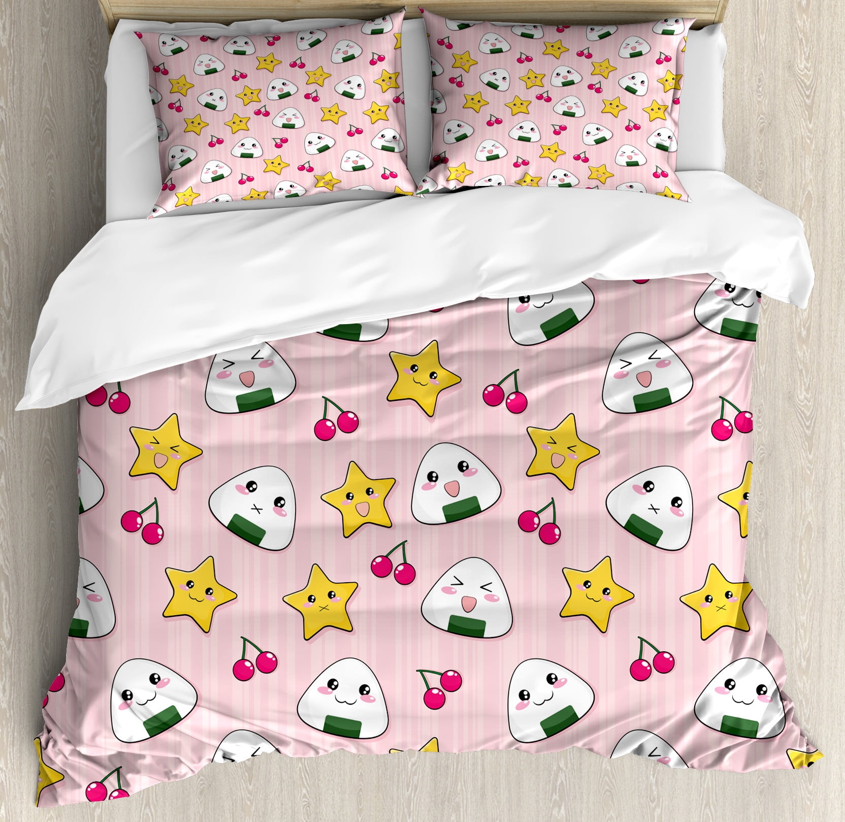 Anime Duvet Cover Set, Happy Crying Cartoon Rice Balls Cherries Stars ...