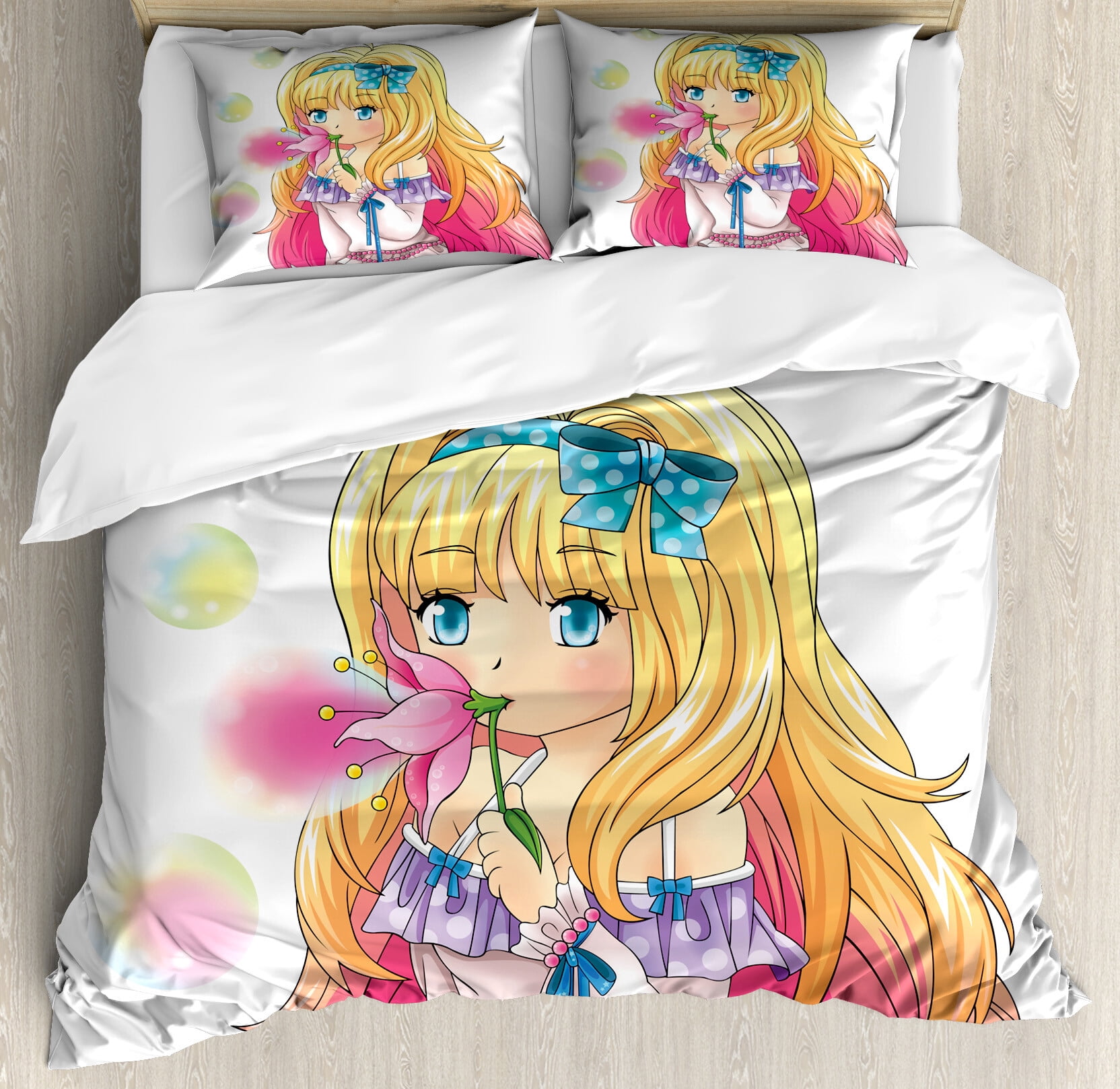 Anime Duvet Cover Set, Manga Girl Blowing Bubbles from a Flower ...