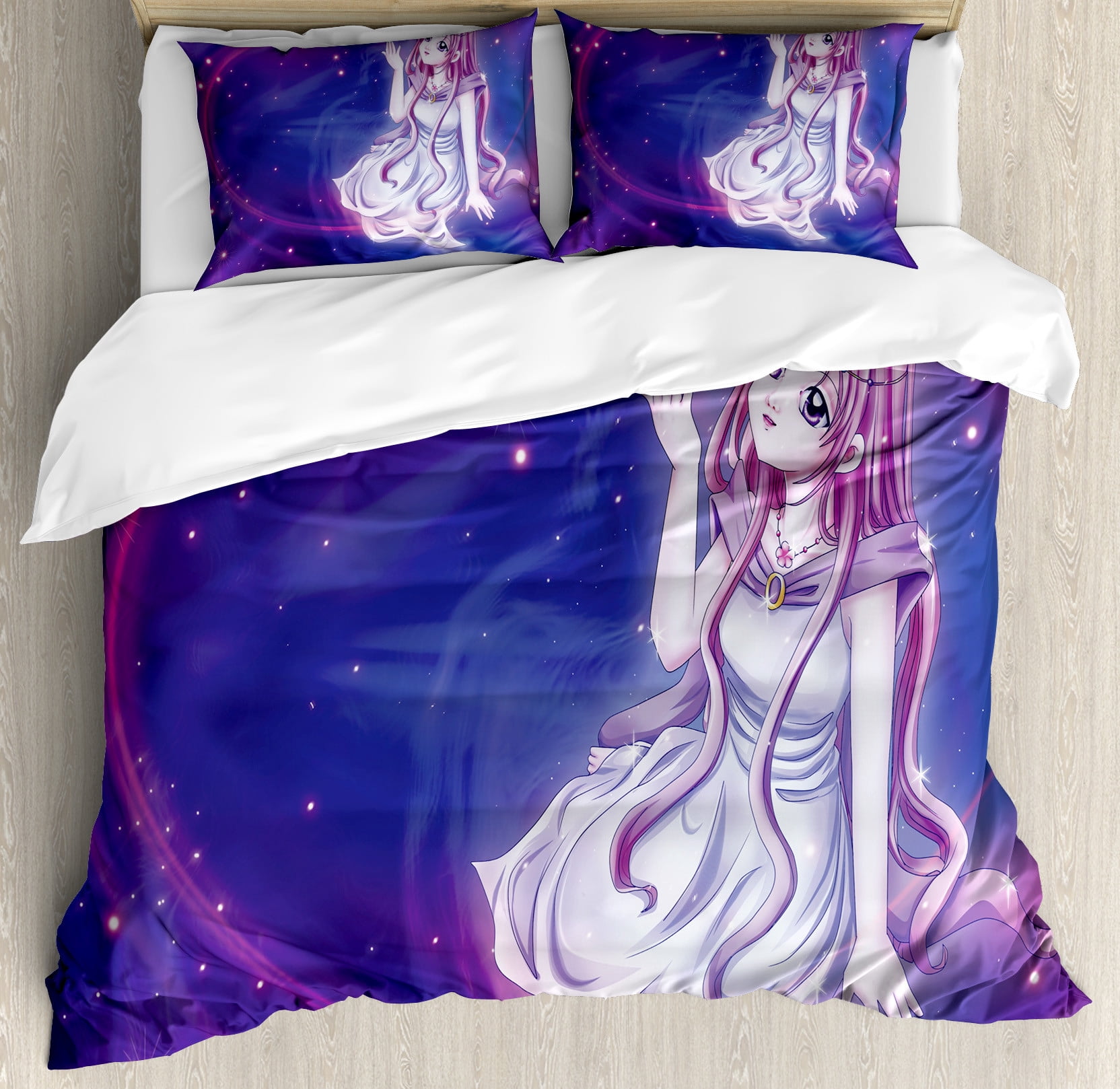 Anime Duvet Cover Set, Purple Anime Sitting in Theme of Zodiac ...