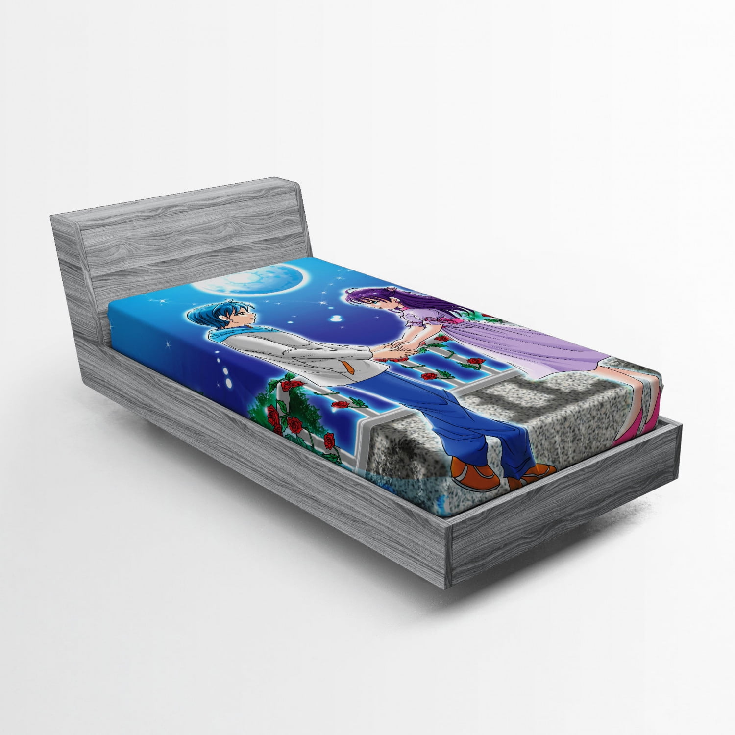 Anime Fitted Sheet, Illustration Romantic Couple Holding Hands Under ...