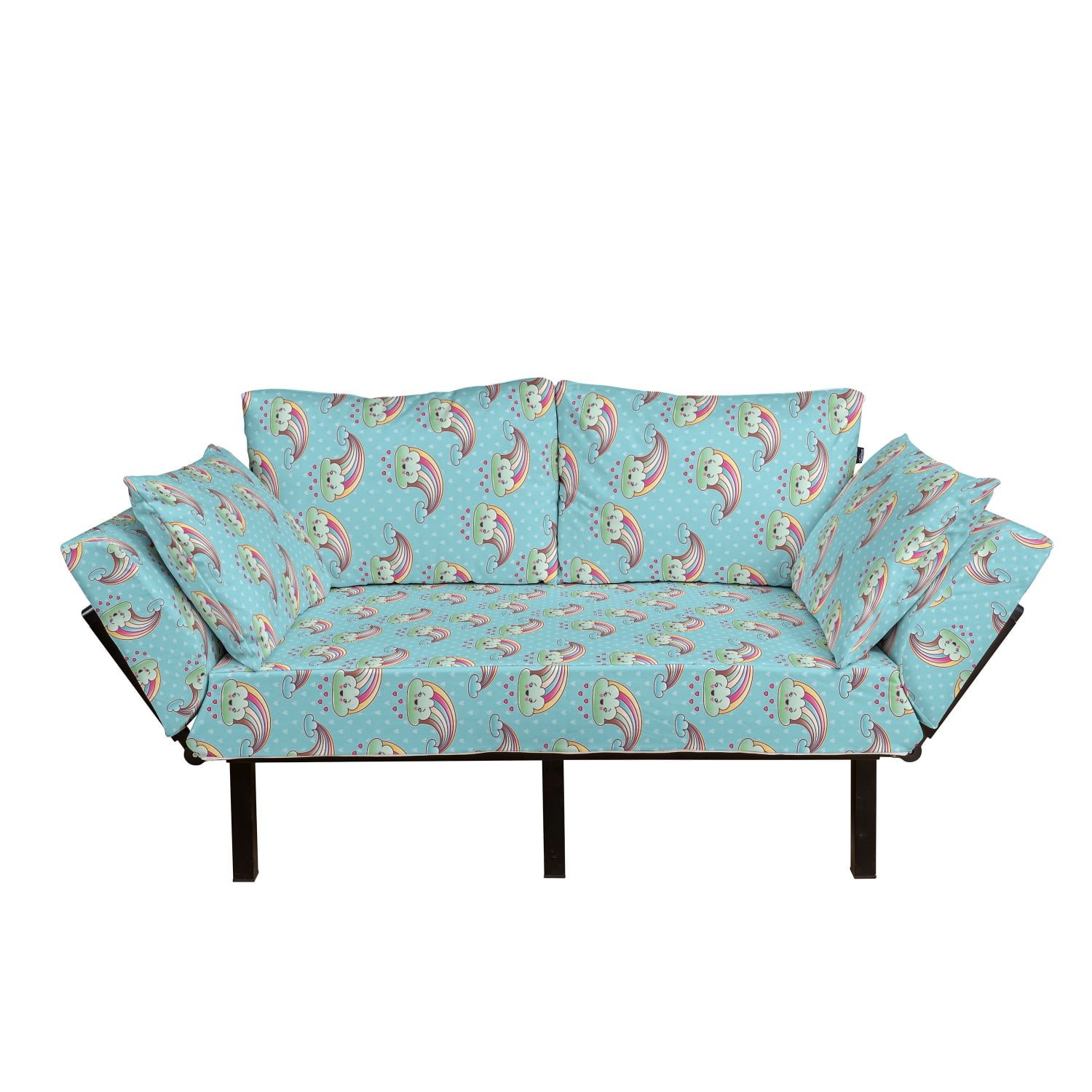 Anime Futon Couch, Cartoon Rainbow Clouds with Smiling Faces on Pale ...