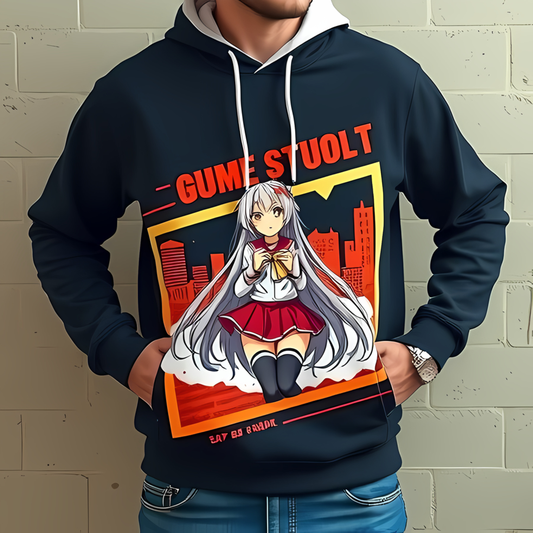 Anime Girl 3D Hoodie Blue with Silver Hair Red & White School Cityscape ...