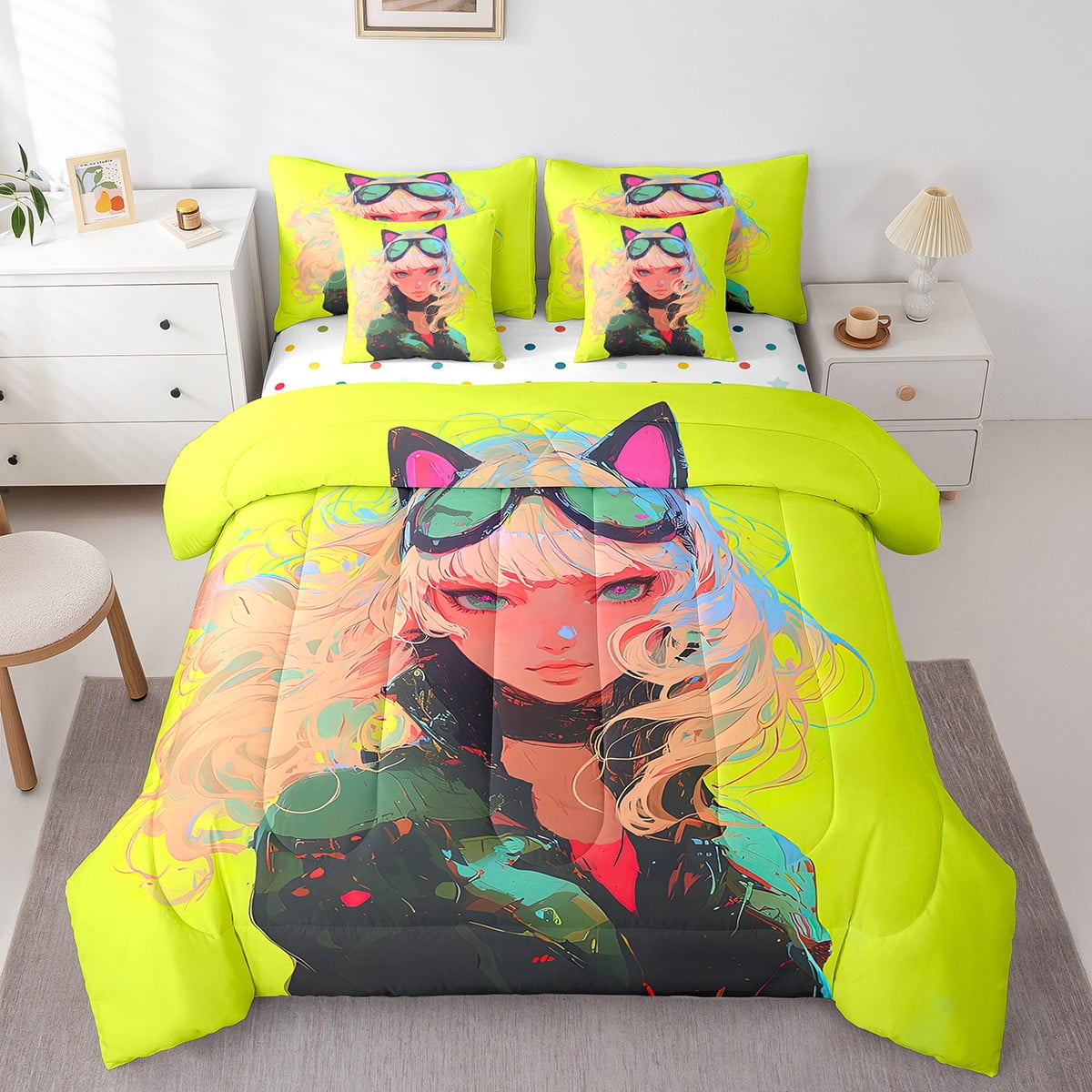 Anime Girl 7 Piece Comforter Set Full Bed in a Bag Cartoon Sheet Set ...