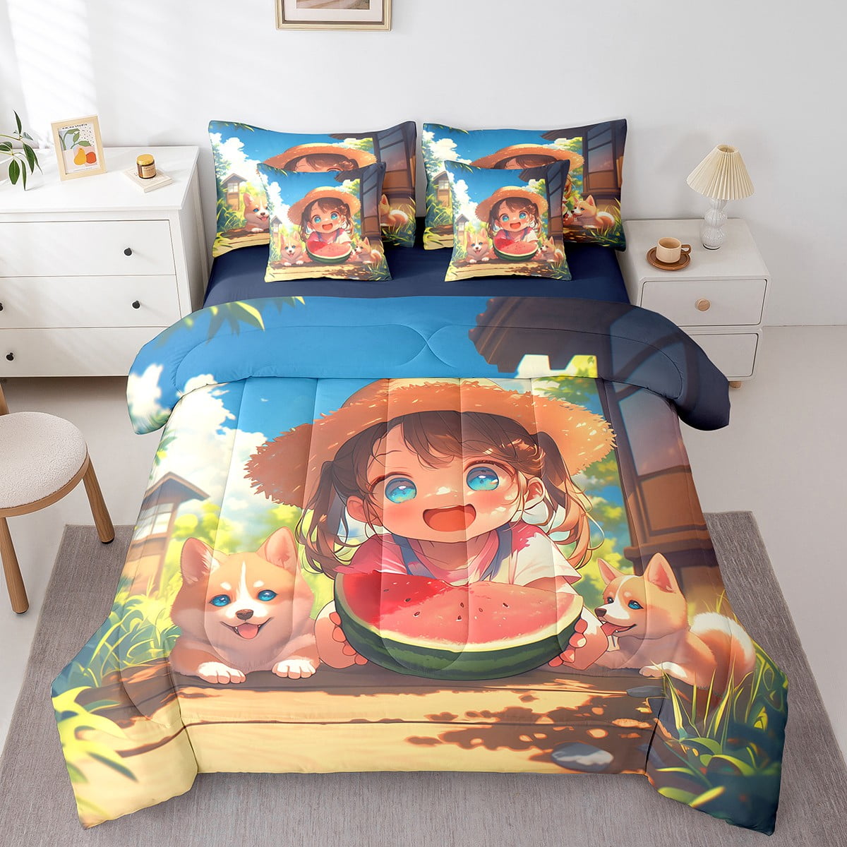 Anime Bed in a Bag Queen Comforter Set 7 Piece Cute Pup Dog Bedding ...