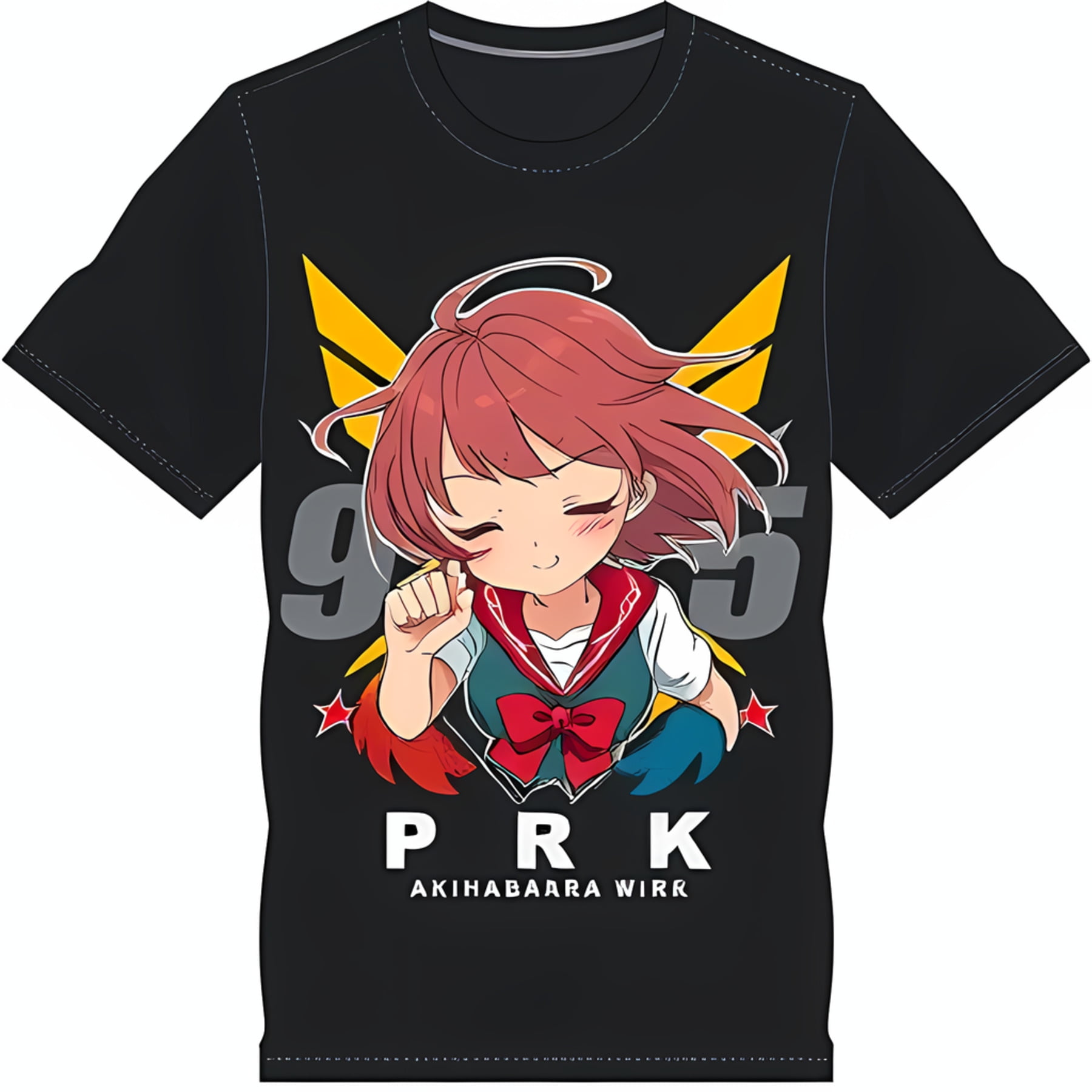 Anime Girl Black T-Shirt Long Red Hair School PRK & Akihabara WIRK ...