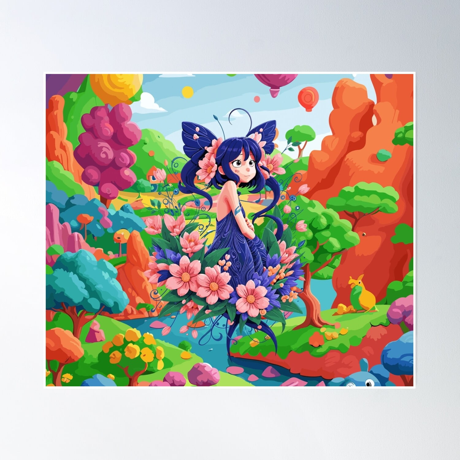 Anime Girl Butterflies And Flowers Poster Wall Art, Modern Wall Decor ...