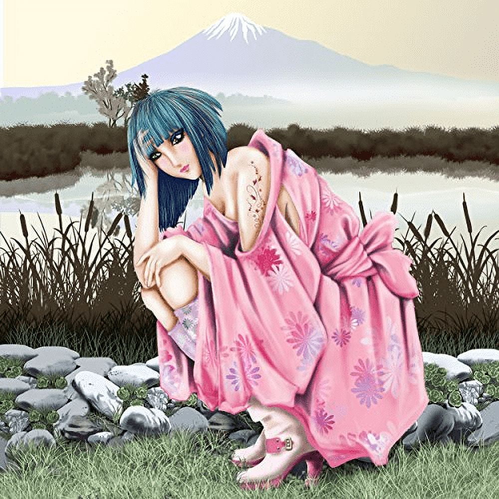 Anime Girl Crouched w/ Boots & Mountain Background 18x18 - Vinyl Print ...