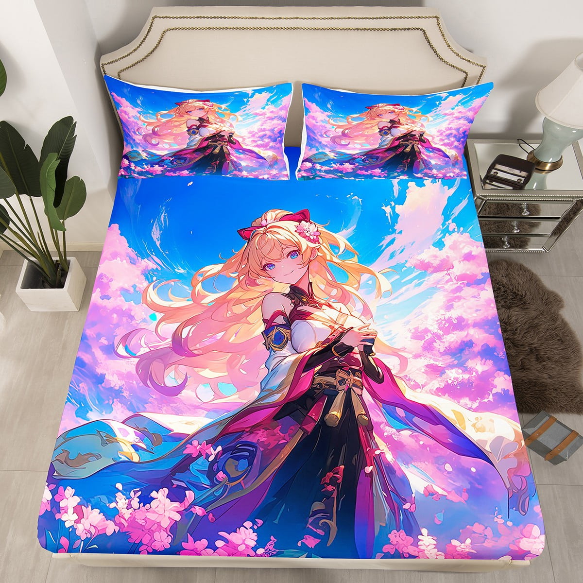 Anime Fitted Sheet Cherry Blossom Bed Sheets Queen,Cartoon Japanese ...
