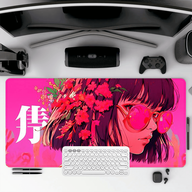 Anime Girl Floral Hair Pink Sunglasses Mouse Pad 35.4 x 15.8 Inches ...