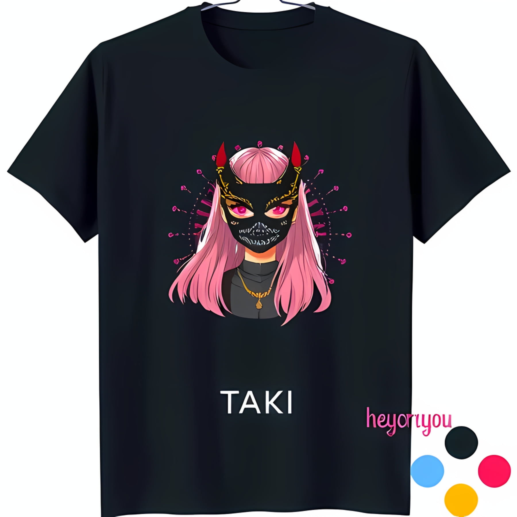 Anime Girl Graphic Black T-Shirt Pink Haired Character with Mask ...