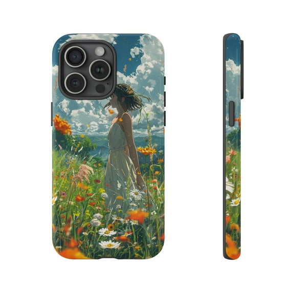 Anime Girl Grass Meadow Blue Sky Illustration iPhone Case with iPhone ...