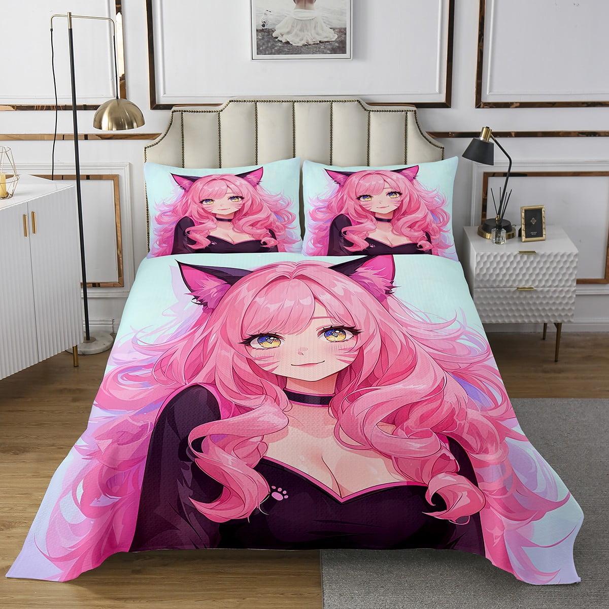 Anime Quilt Set 3D Anime Bedspread Set In Furry Ears And Pink Hair ...