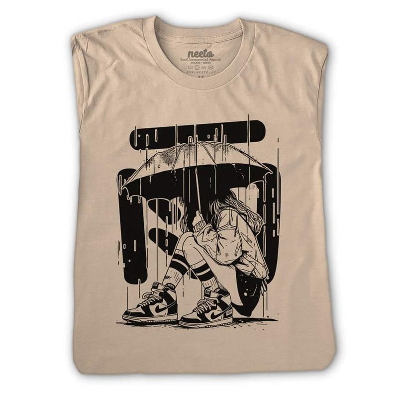 Anime Girl Shirt Squat Rainy Kawaii School Girl T Shirt Men Sizes