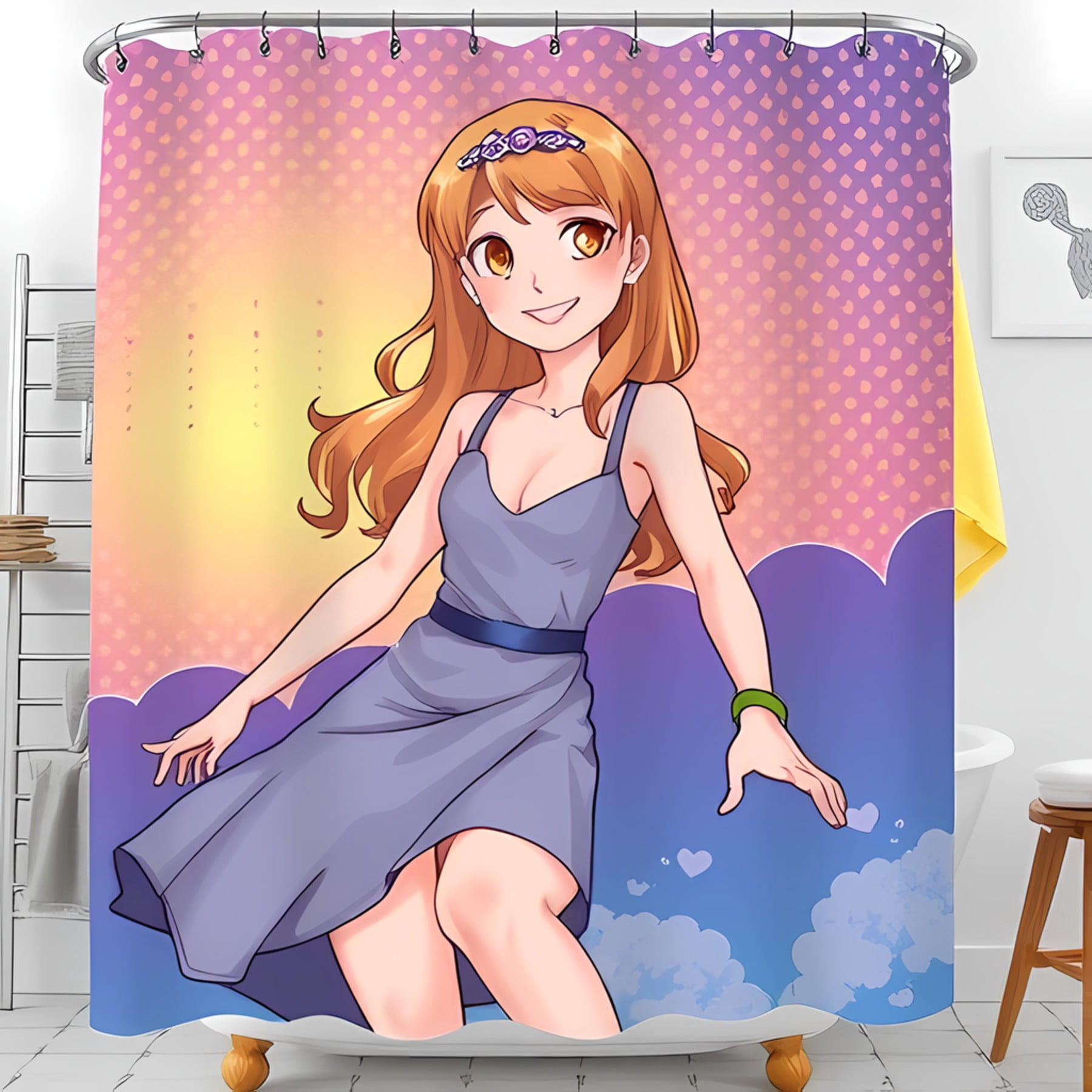 Anime Girl Shower Curtain - Elegant Auborn Hair Purple Dress Whimsical ...
