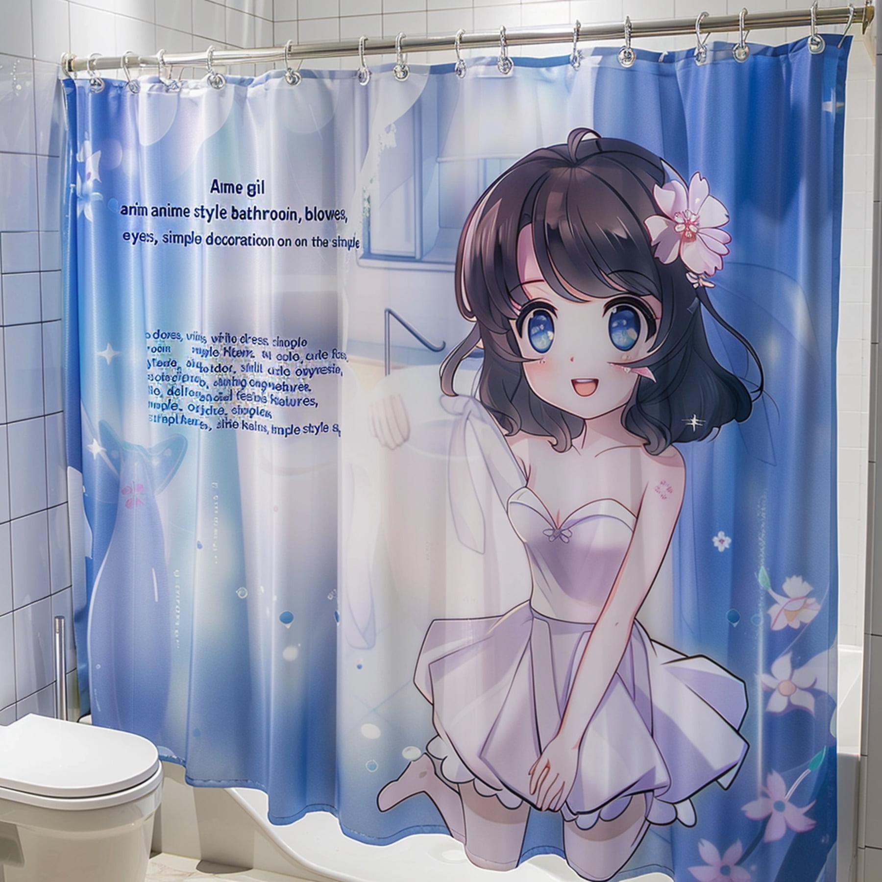 Anime Girl Shower Curtain With Blue Eyes And Pink Flower Decoration