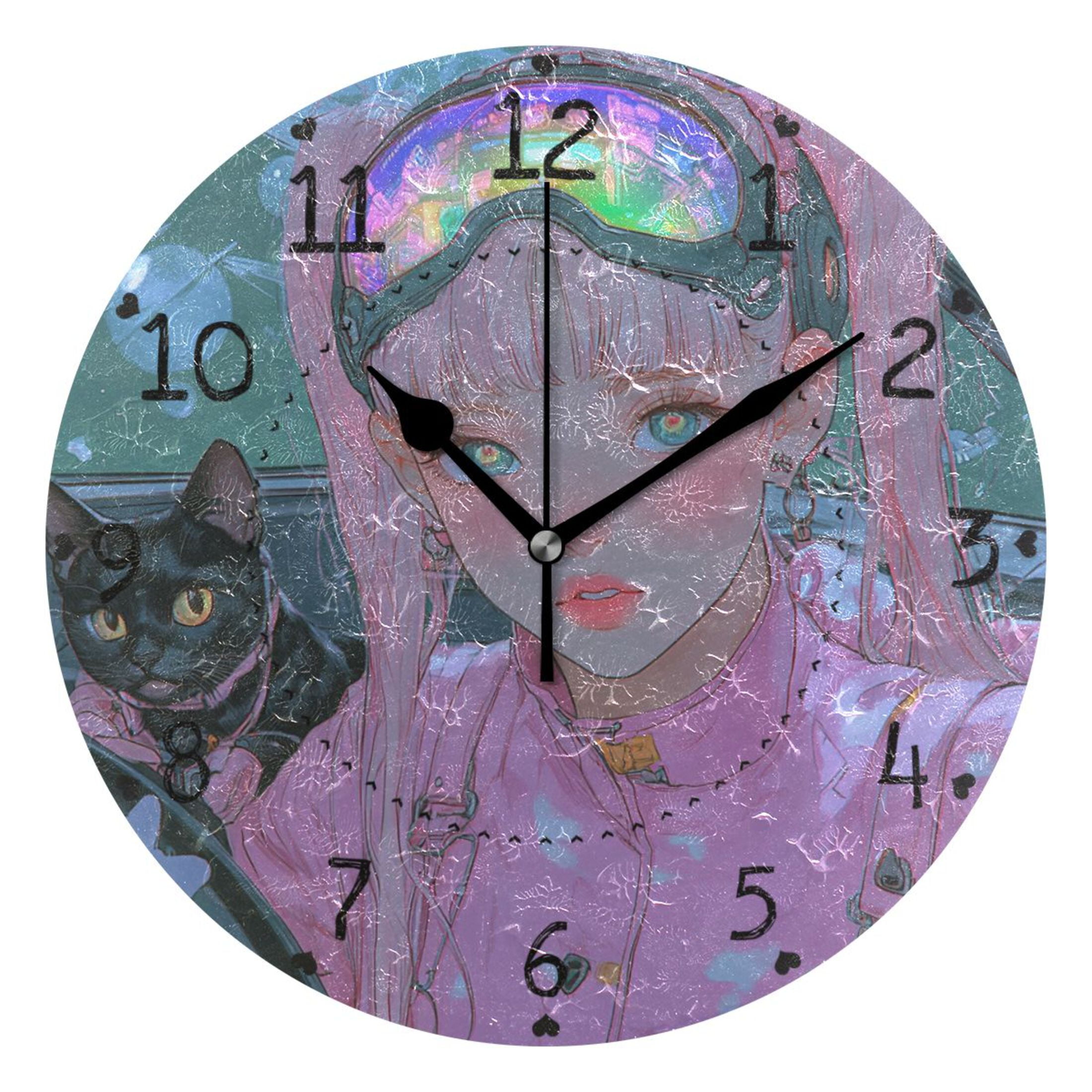 Anime Girl and Cat Round Wall Clock Silent Battery Operated Home Decor ...